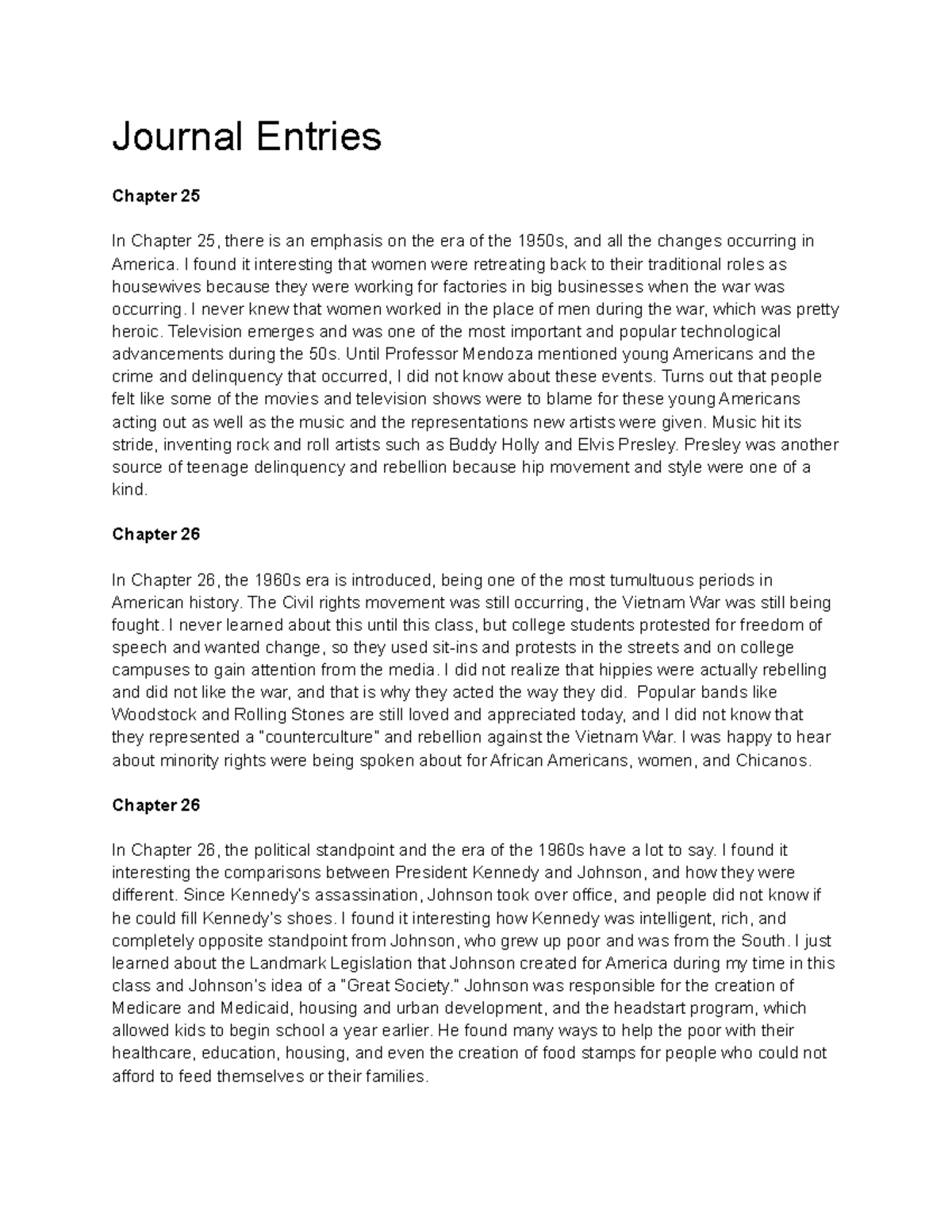 HIST 2620- Journal Chapters 25-28 - Journal Entries Chapter 25 In ...