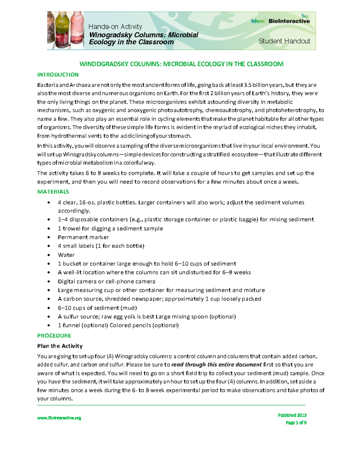 Winogradsky Lab - BioInteractive Student Handout Hands-on Activity ...