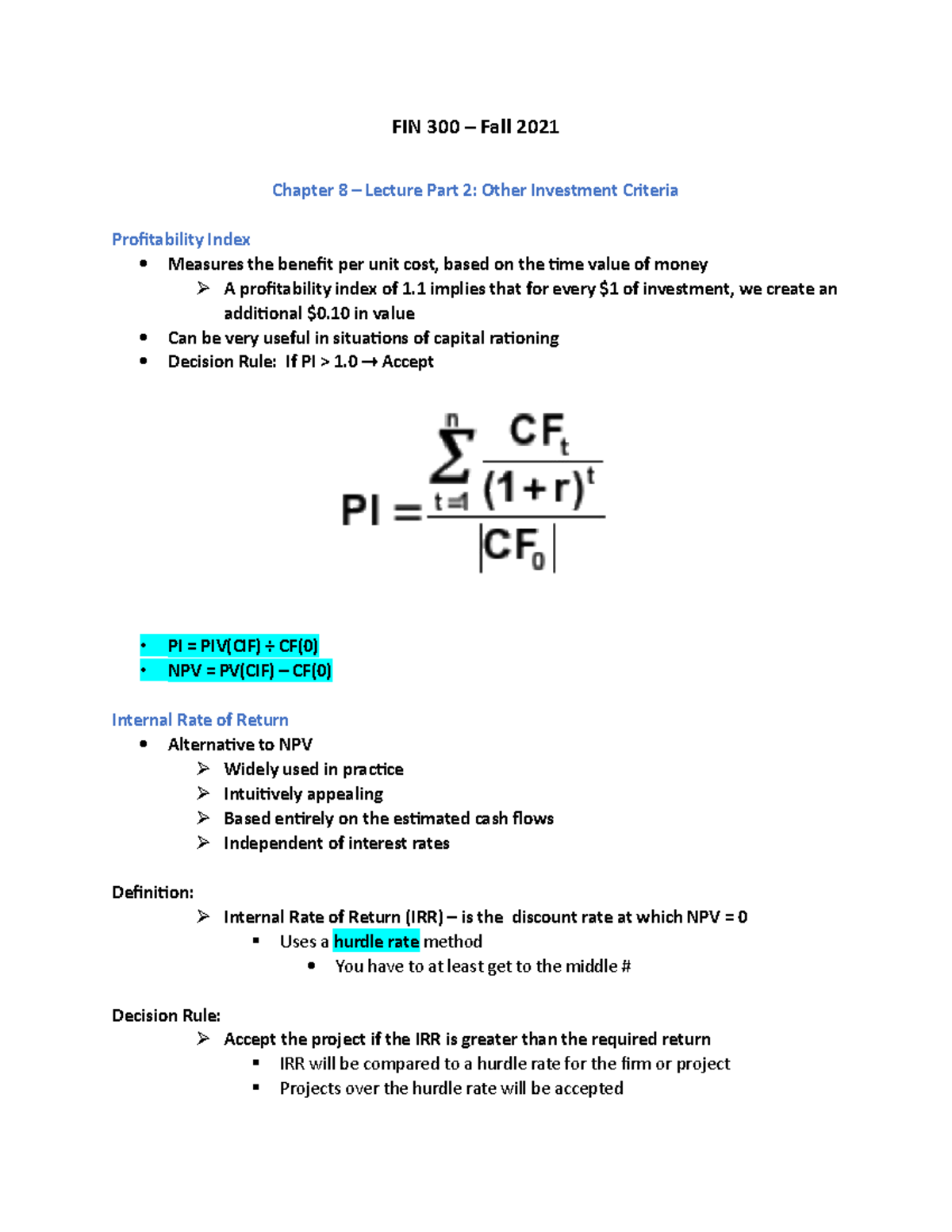 FIN 300 Chapter 8 Lecture Part 2 - Other Investment Criteria - FIN 300 ...