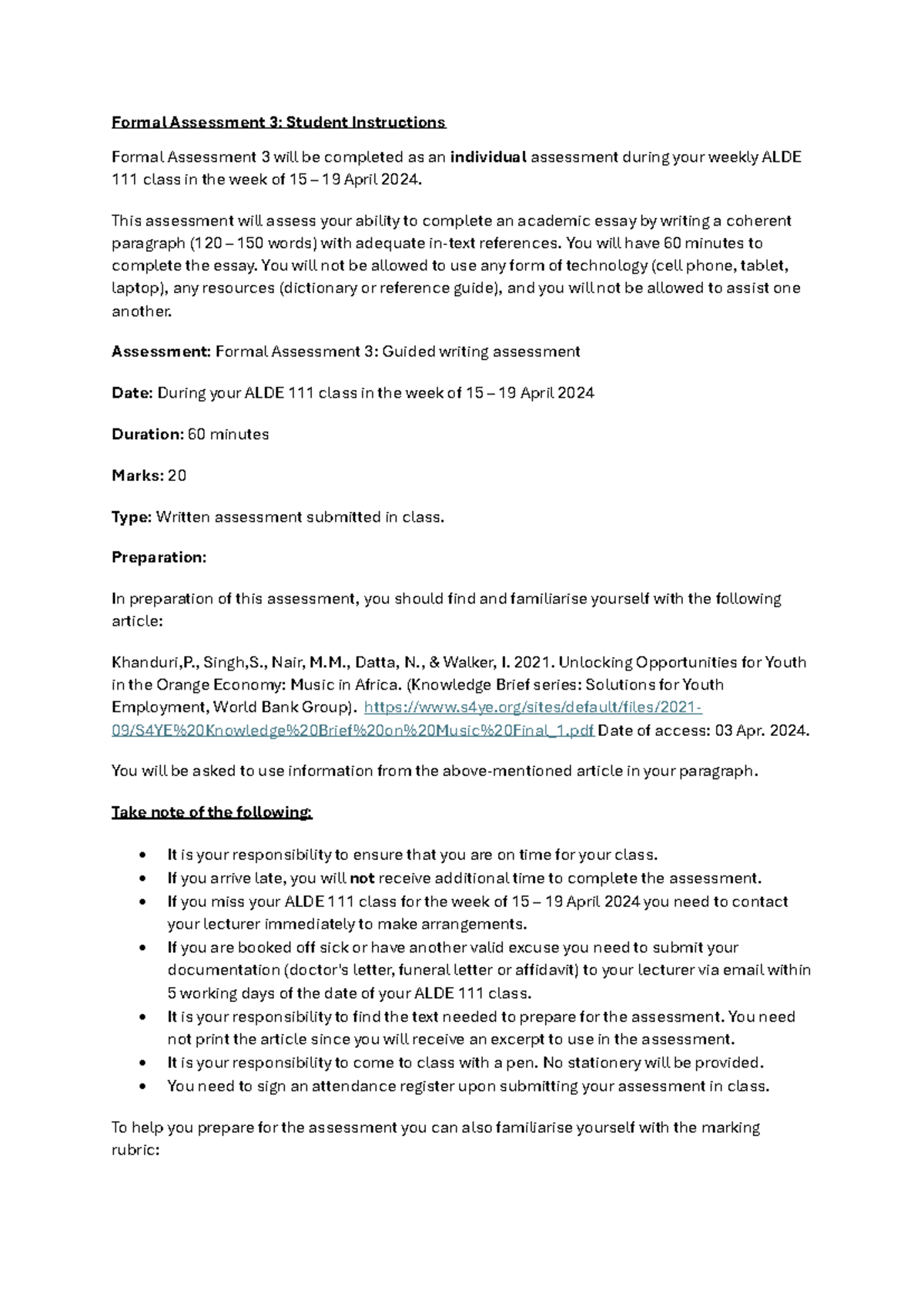 Formal Assessment 3 student instructions - Formal Assessment 3: Student ...