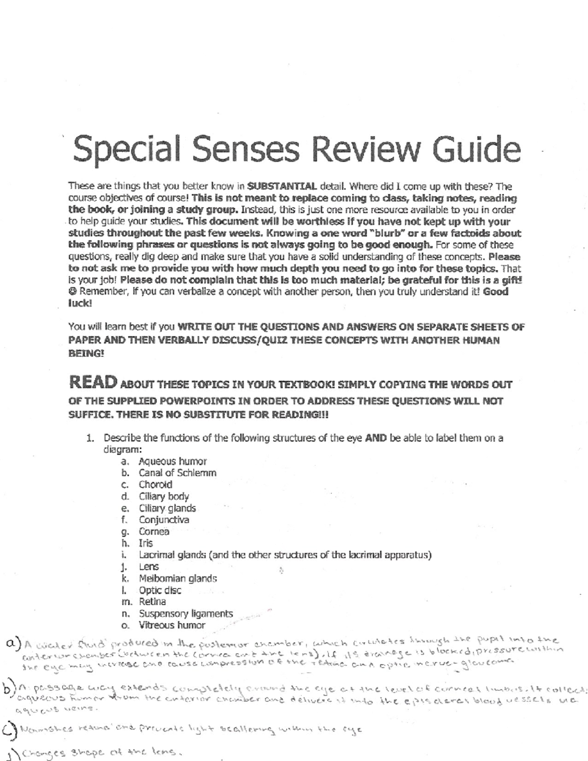 Study guide Special Senses Review Guide bio 210 - BIO-210 - Studocu