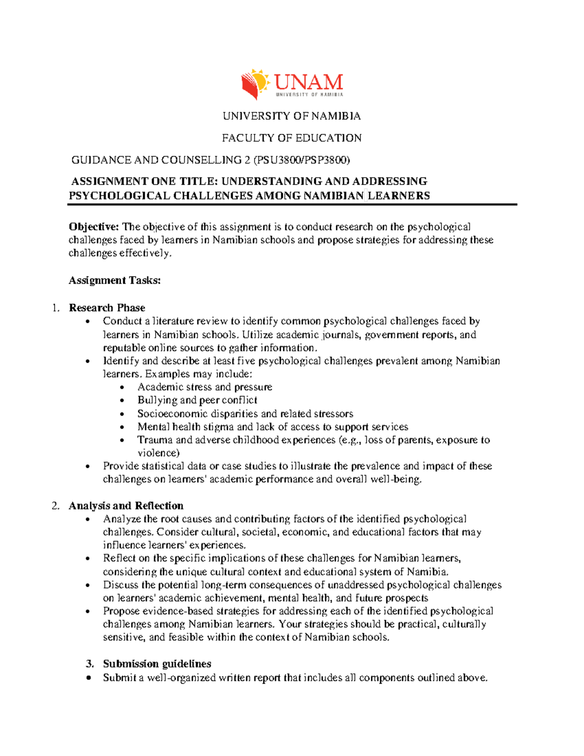 PSP3800 PSU3800 2024 Guidance and Counselling 2 Assignment Dr A Hako ...