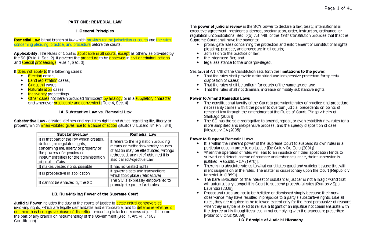 Remedial law reviewer - review notes - PART ONE: REMEDIAL LAW I ...