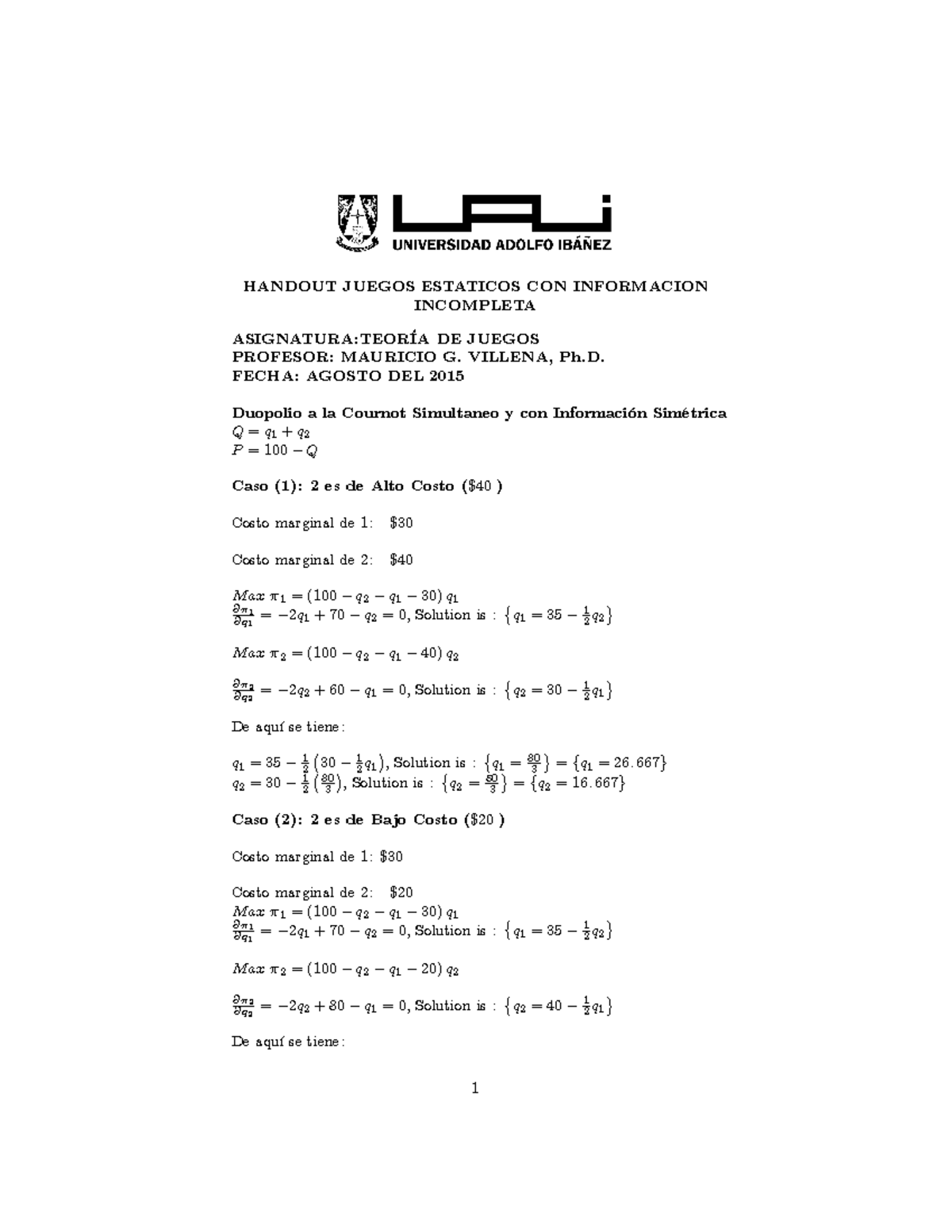 Handout-Juegos con Informacion Incompleta - HANDOUT JUEGOS ESTATICOS ...