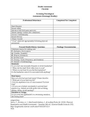 Hospital Setting Bedside Assessment Performance Checklist SS241 ...