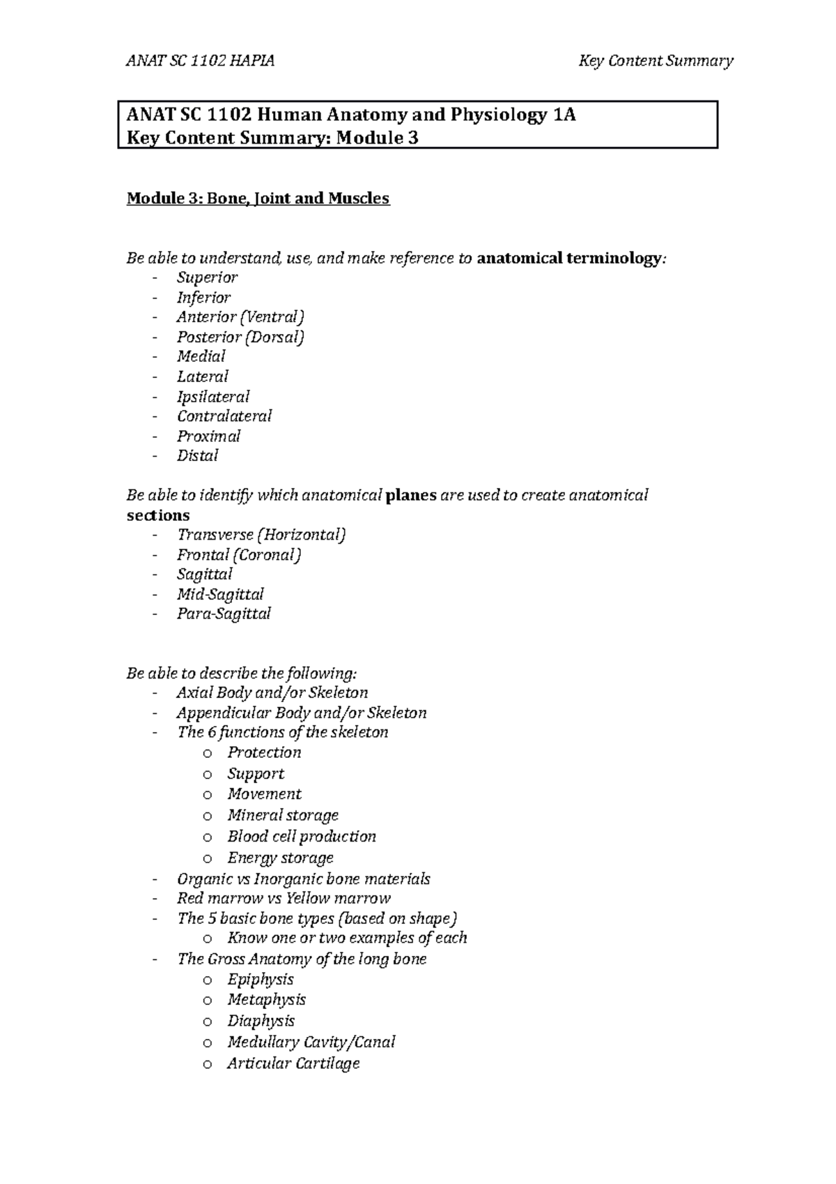 Hapia - Module 3 - Key Content Summary - ANAT SC 1102 Human Anatomy and ...
