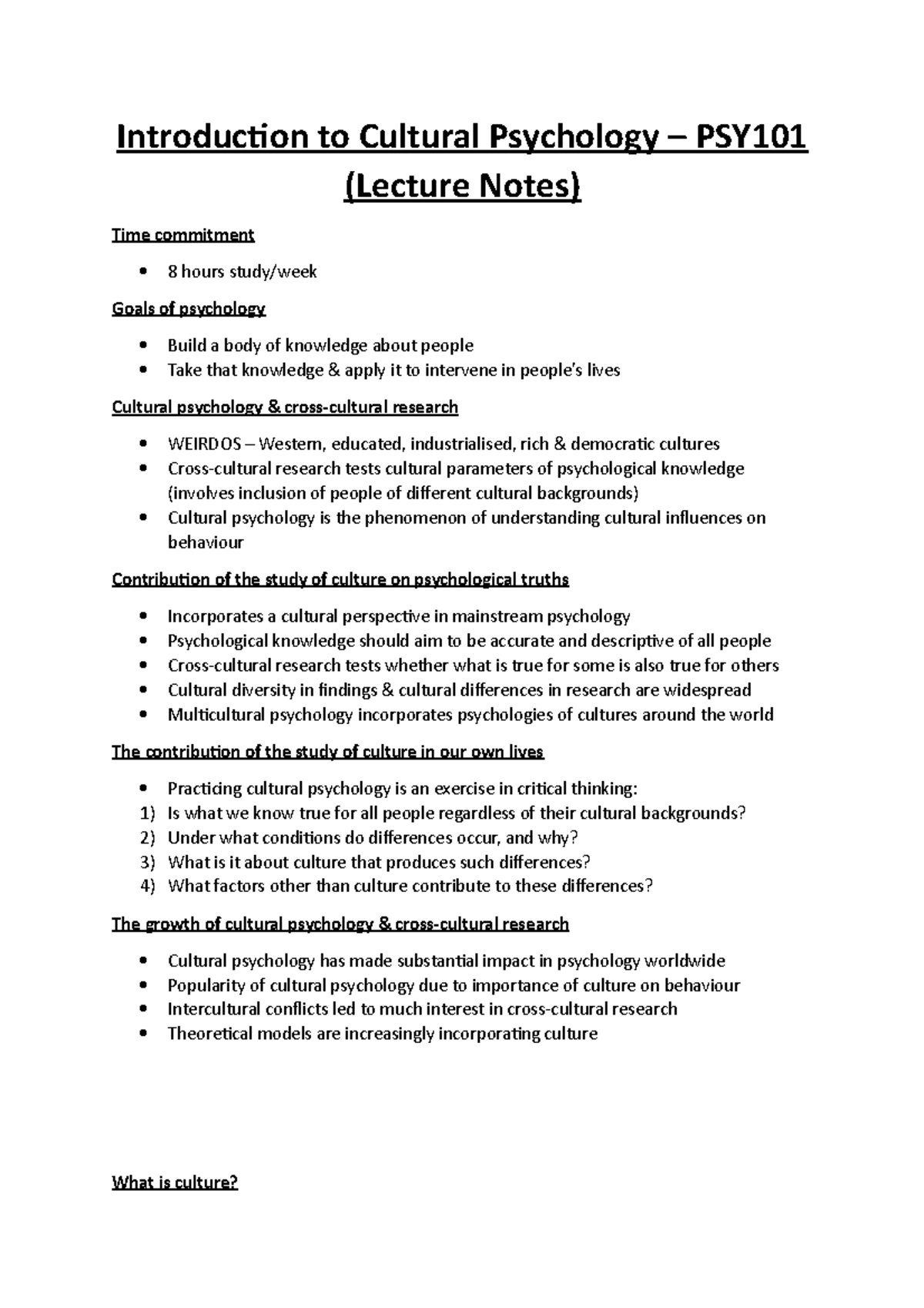 Introduction to Cultural Psychology Lecture Notes PSY101 - Introducion ...