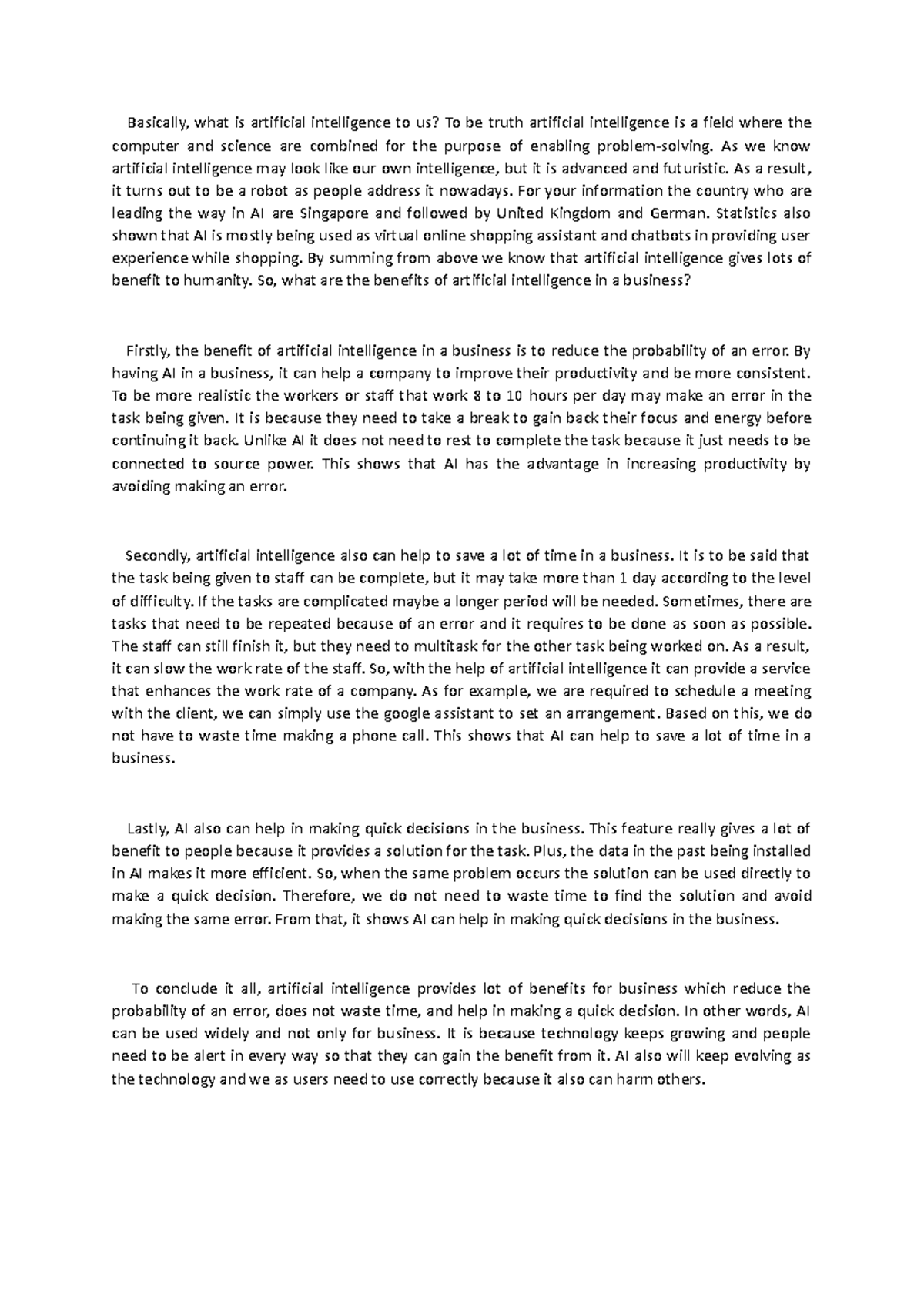 Artificial Intelligence Essay - Basically, what is artificial ...