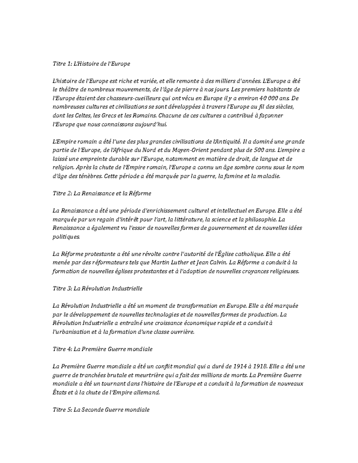 European History Study Notes - Titre 1: L’Histoire de l’Europe L ...