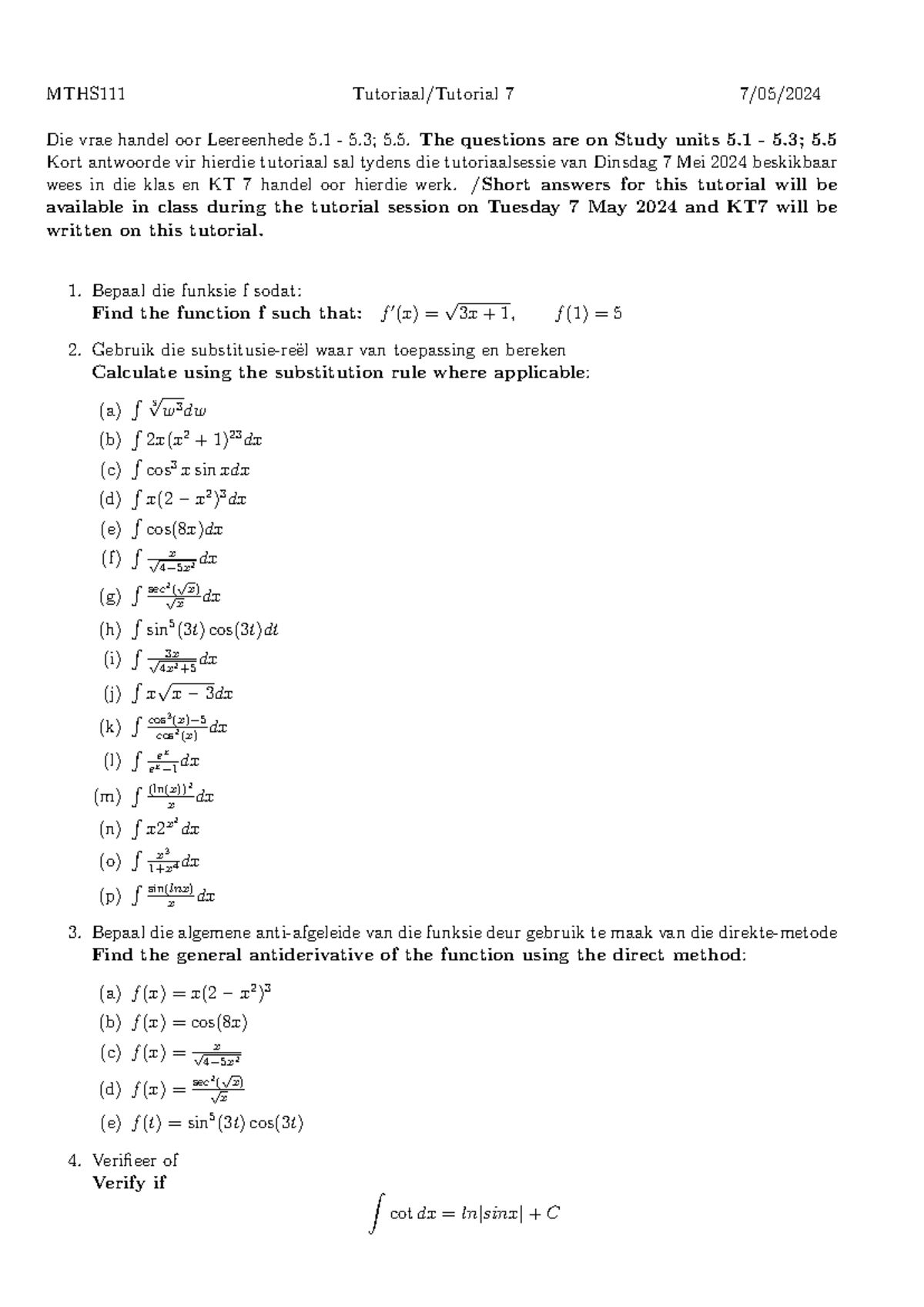 MTHS111 tutoriaal 7 2024 F - MTHS111 Tutoriaal/Tutorial 7 7/05/ Die ...