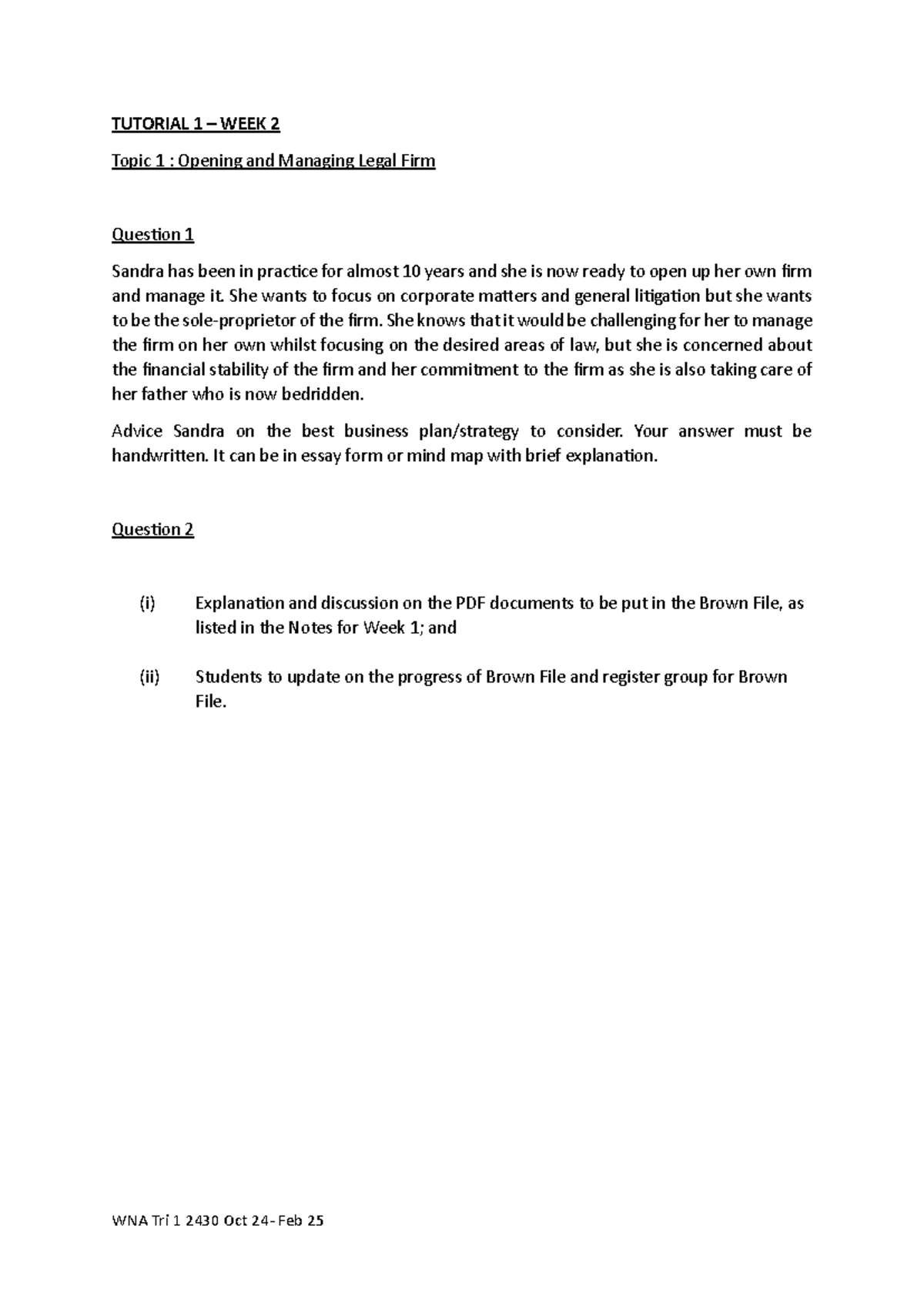 W2 Tuto 1 Topic 1 Management of Firms - WNA Tri 1 2430 Oct 24- Feb 25 ...