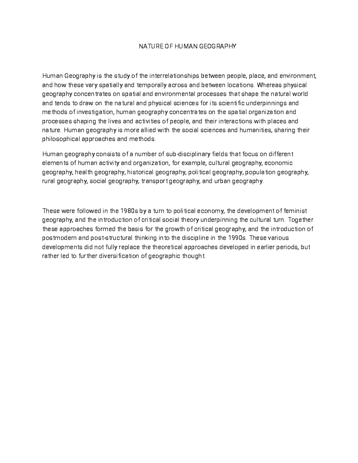 Nature OF Human-WPS Office - NATURE OF HUMAN GEOGRAPHY Human Geography ...