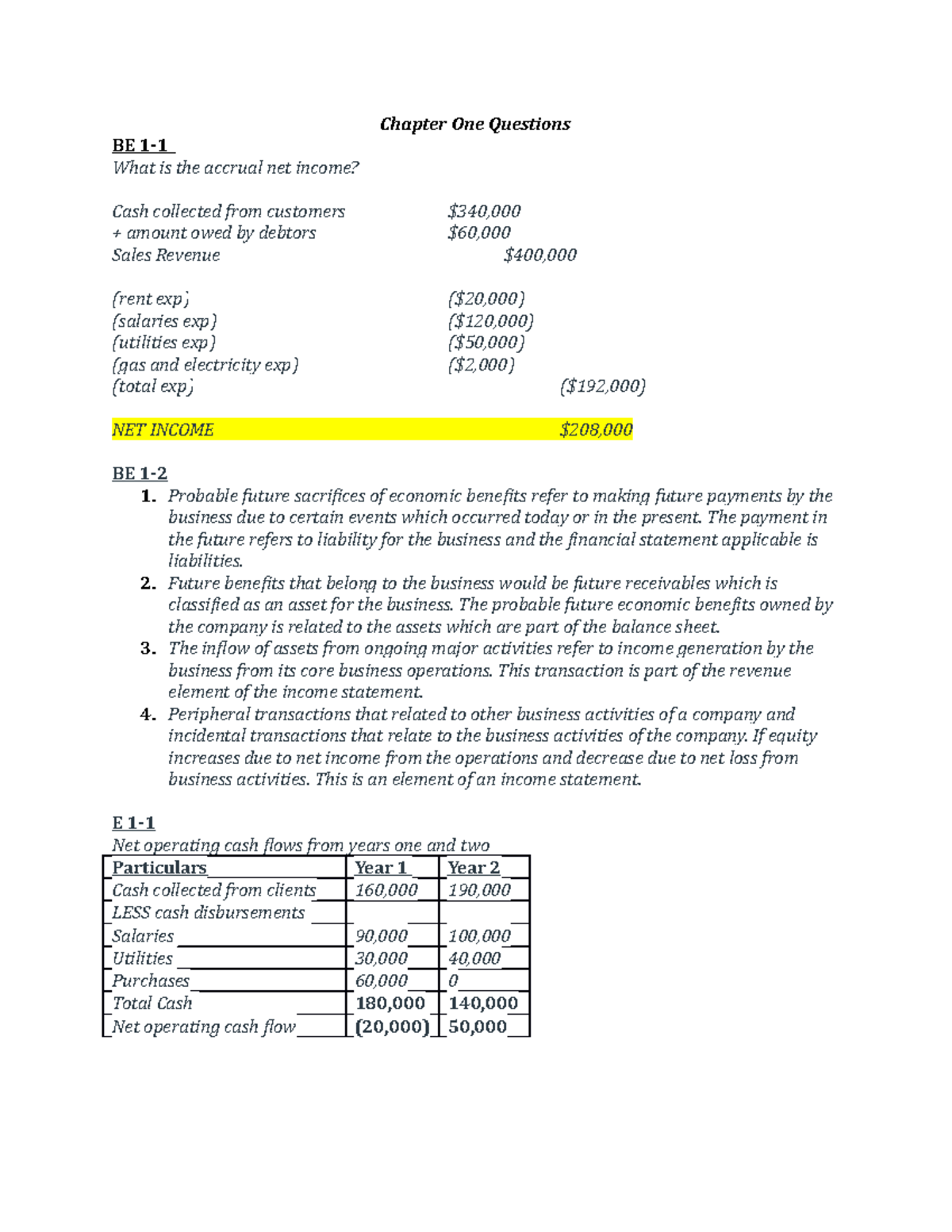 Chp1 Questions - Chapter One Questions BE 1- What is the accrual net income? Cash collected from ...