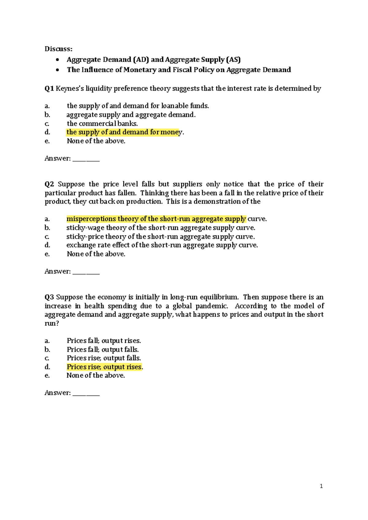 EC4102 Tutorial Questions - Week 12 - Discuss: Aggregate Demand (AD) and Aggregate Supply (AS ...