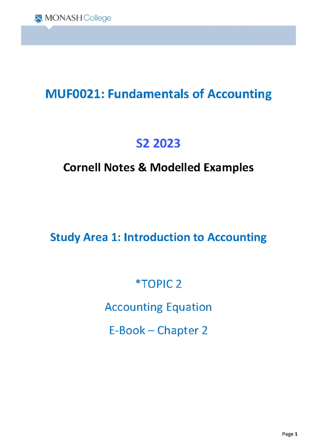 Chapter 2- Cornell Notes - MUF0021: Fundamentals of Accounting S2 2023 ...