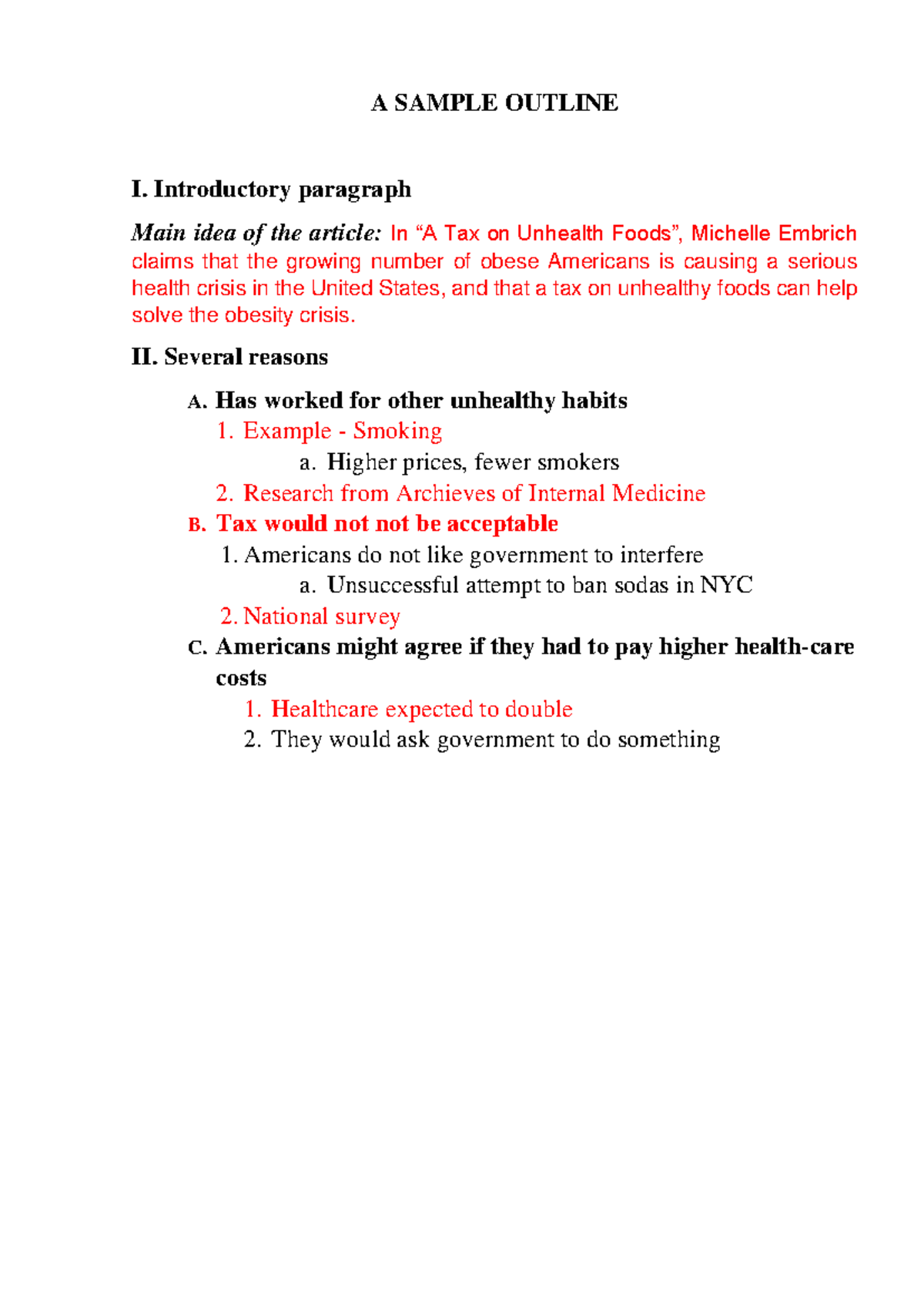 A Sample Outline - Rhetoric and Composition 1 - A SAMPLE OUTLINE I ...