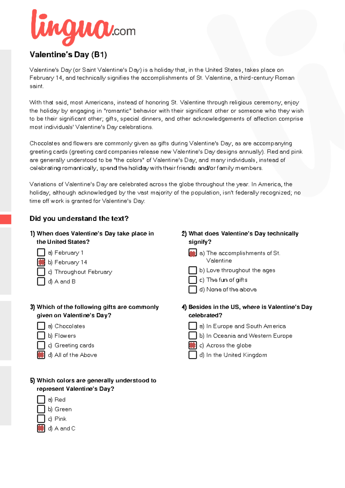 Reading 5 Valentines DAY - Valentine's Day (B1) Valentine's Day (or ...