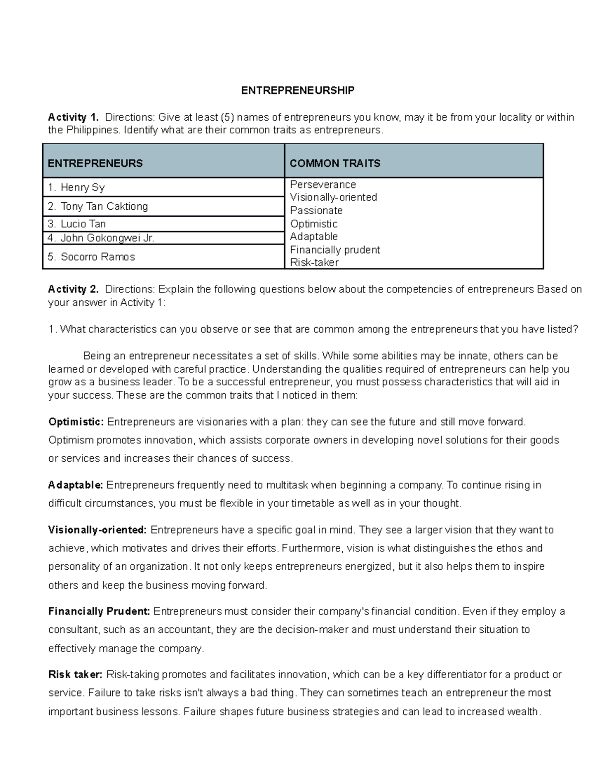 Entrepreneur Act1 - ENTREPRENEURSHIP Activity 1. Directions: Give at ...