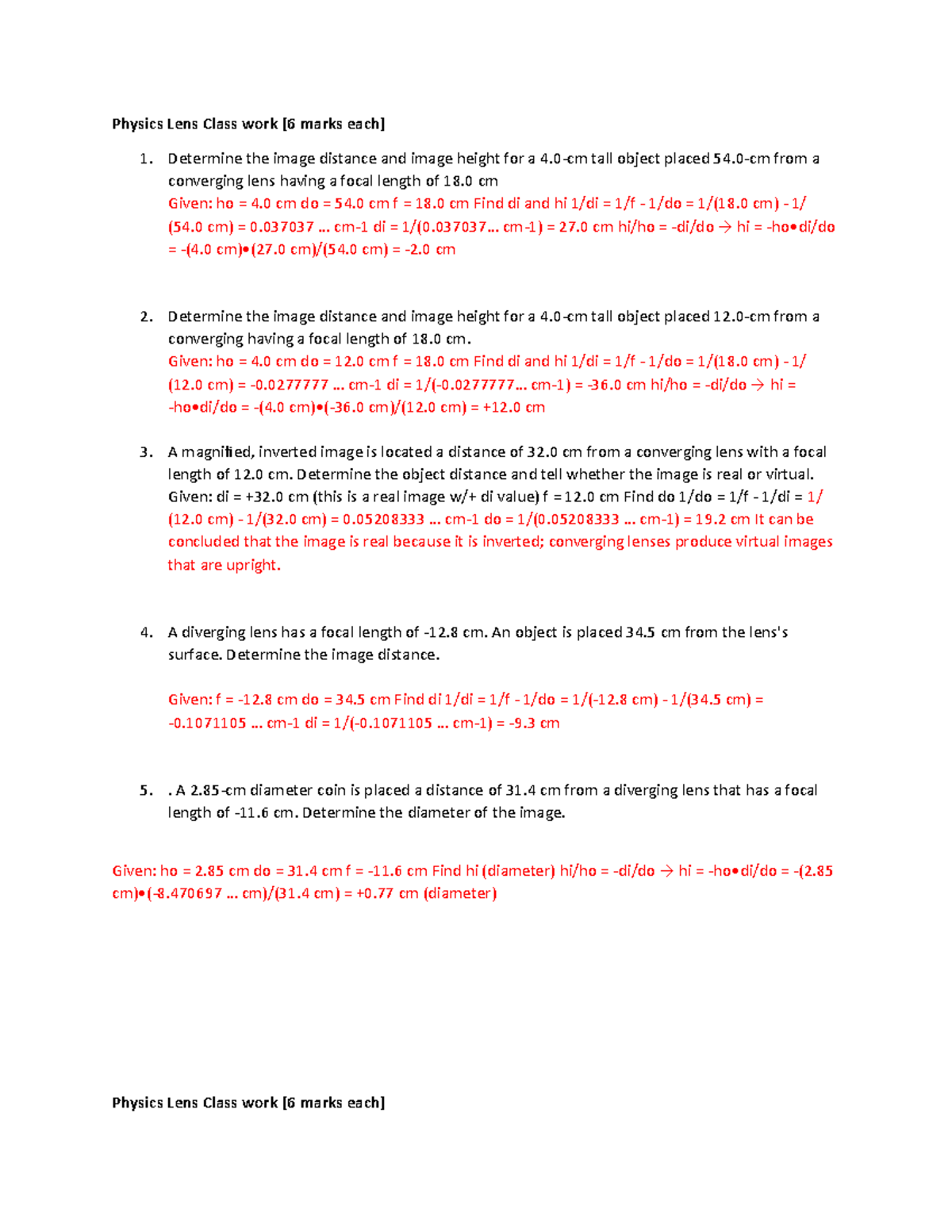 Physics Lens Class work - .. cm-1 di = 1/(0... cm-1) = 27 cm hi/ho ...