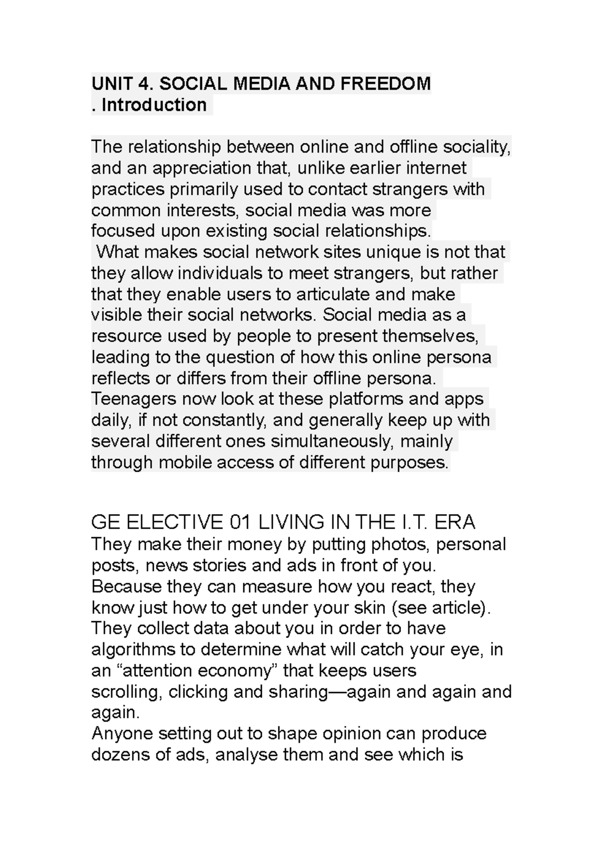 GE Elective 01 - Living in the I.T. era - UNIT 4. SOCIAL MEDIA AND ...
