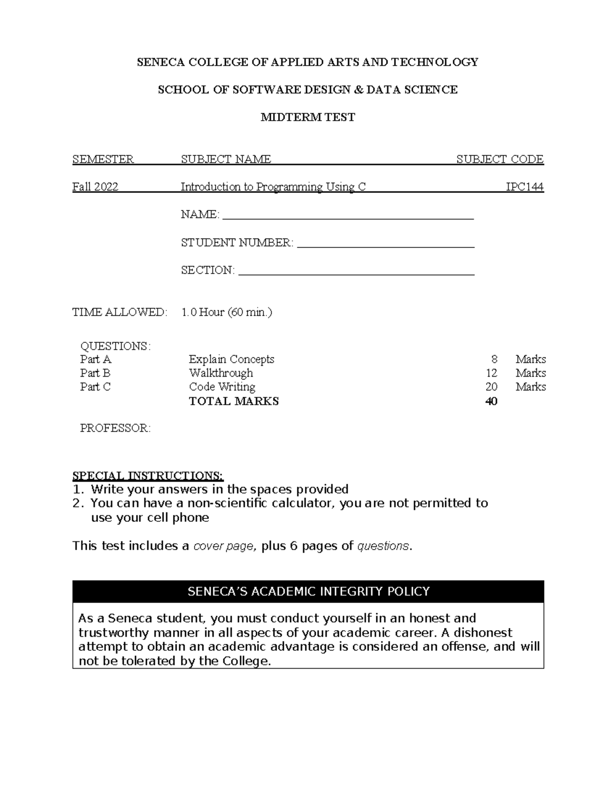 Sample IPC144 Midterm - SENECA COLLEGE OF APPLIED ARTS AND TECHNOLOGY ...