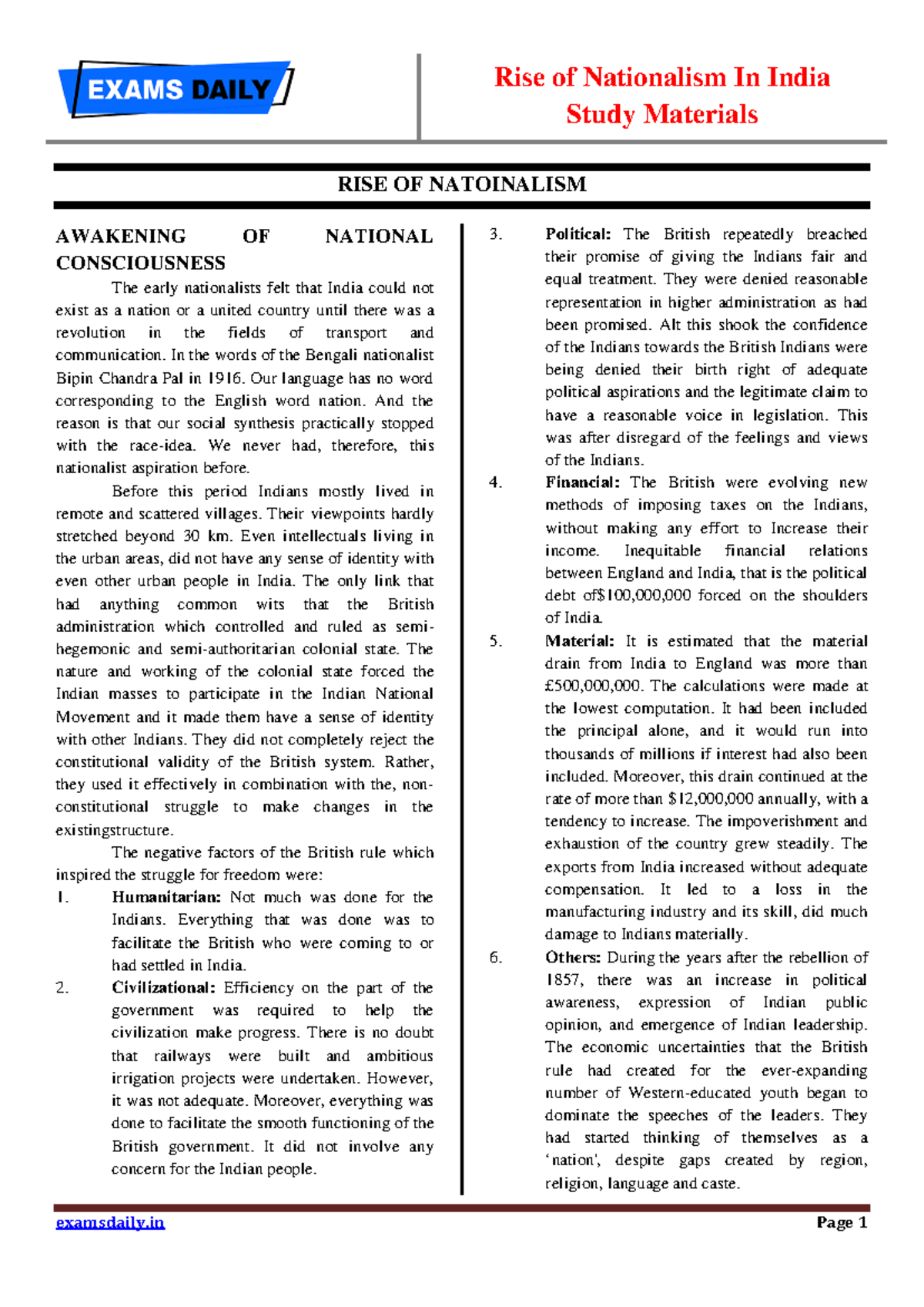 Rise of Nationalism In India pdf - Study Materials RISE OF NATOINALISM ...