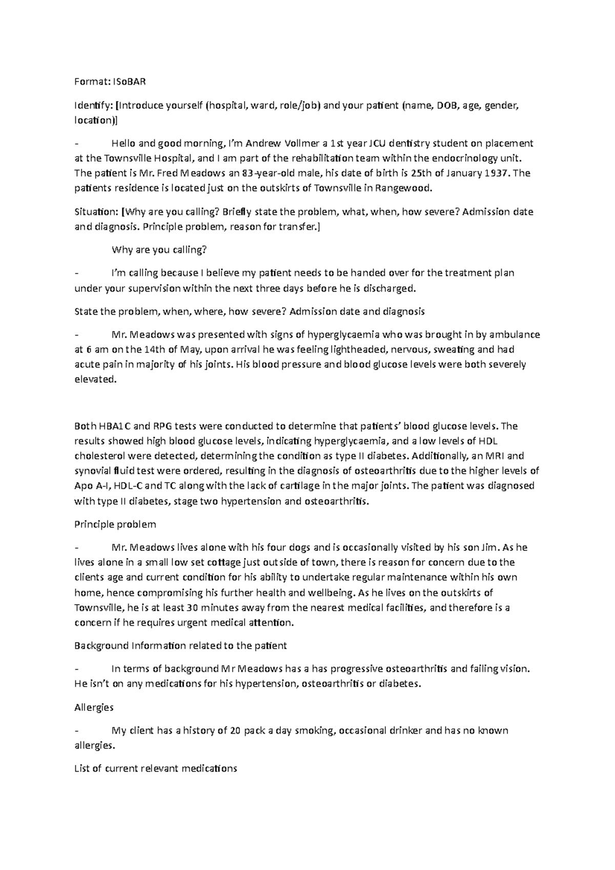 RH Presentation - D example - Format: ISoBAR Identify: [Introduce ...