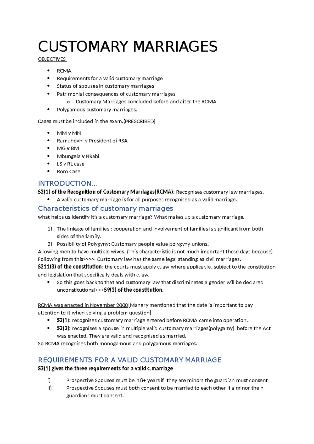 Customary Marriages Notes - CUSTOMARY MARRIAGES OBJECTIVES RCMA ...