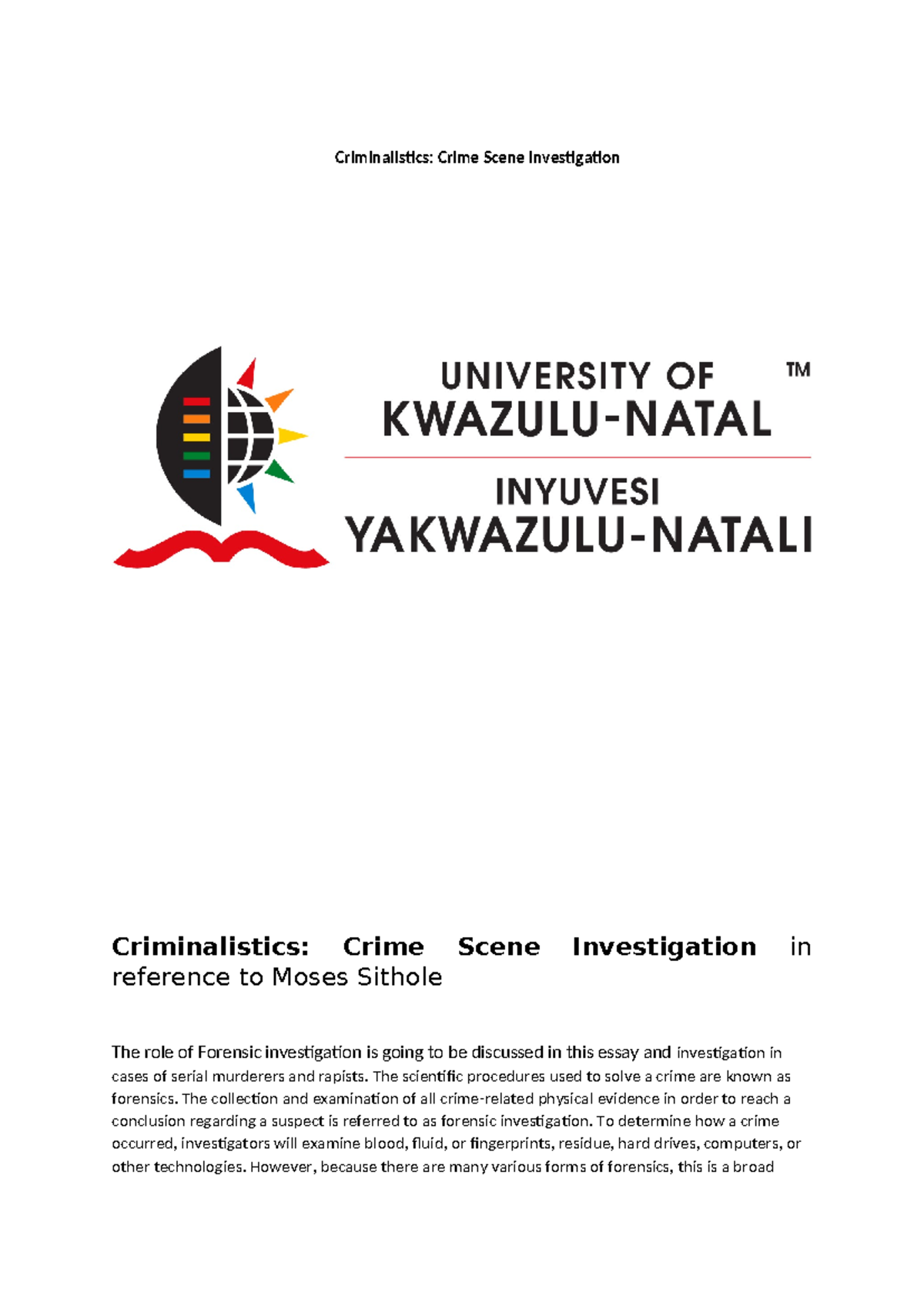 Cfds moses sithole - Criminalistics: Crime Scene Investigation ...