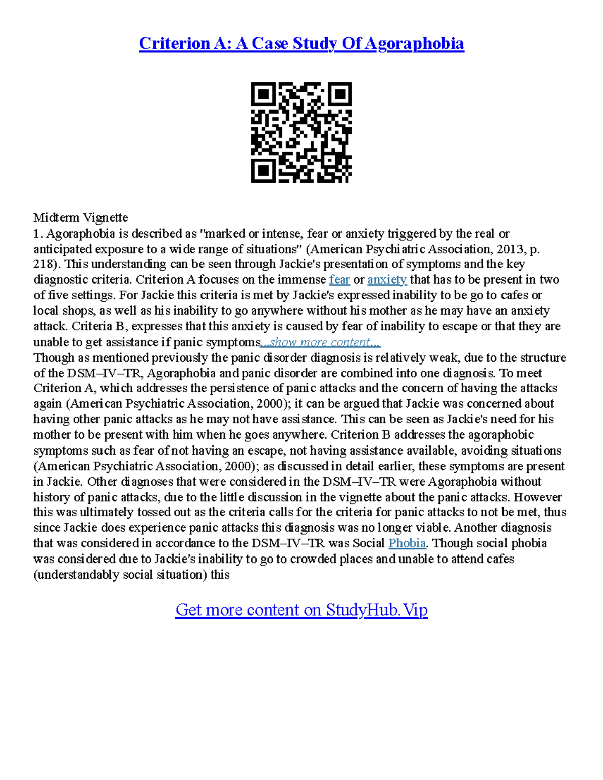 Criterion Essay - Criterion A: A Case Study Of Agoraphobia Midterm ...