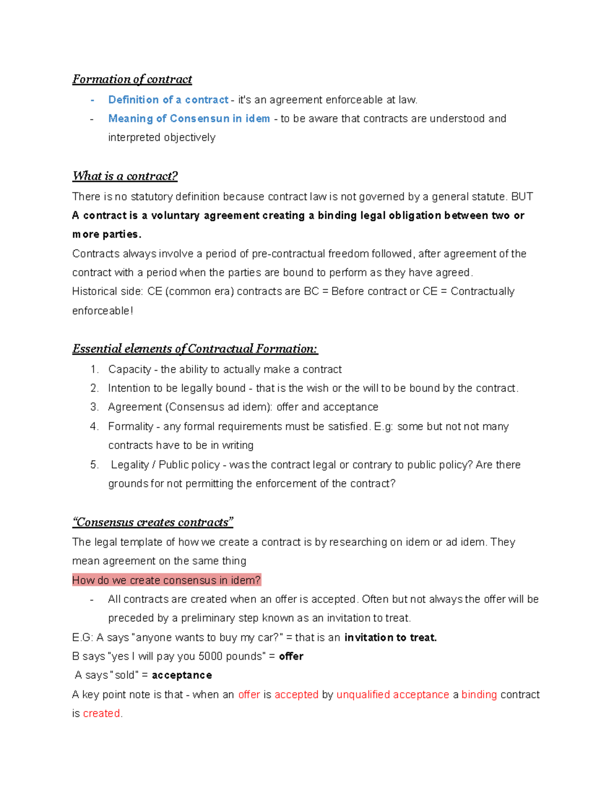 LS1520 Contract law lecture 3 university of aberdeen - Formation of contract - Definition of a ...