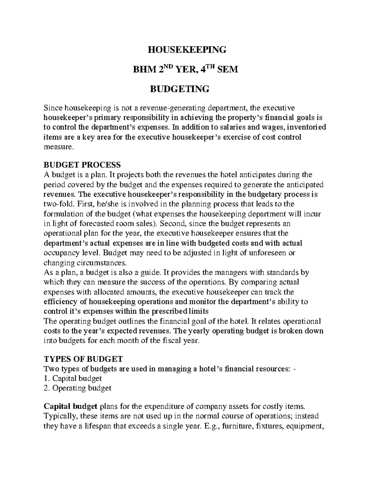 House Keeping 2nd sem - HOUSEKEEPING BHM 2ND YER, 4TH SEM BUDGETING ...