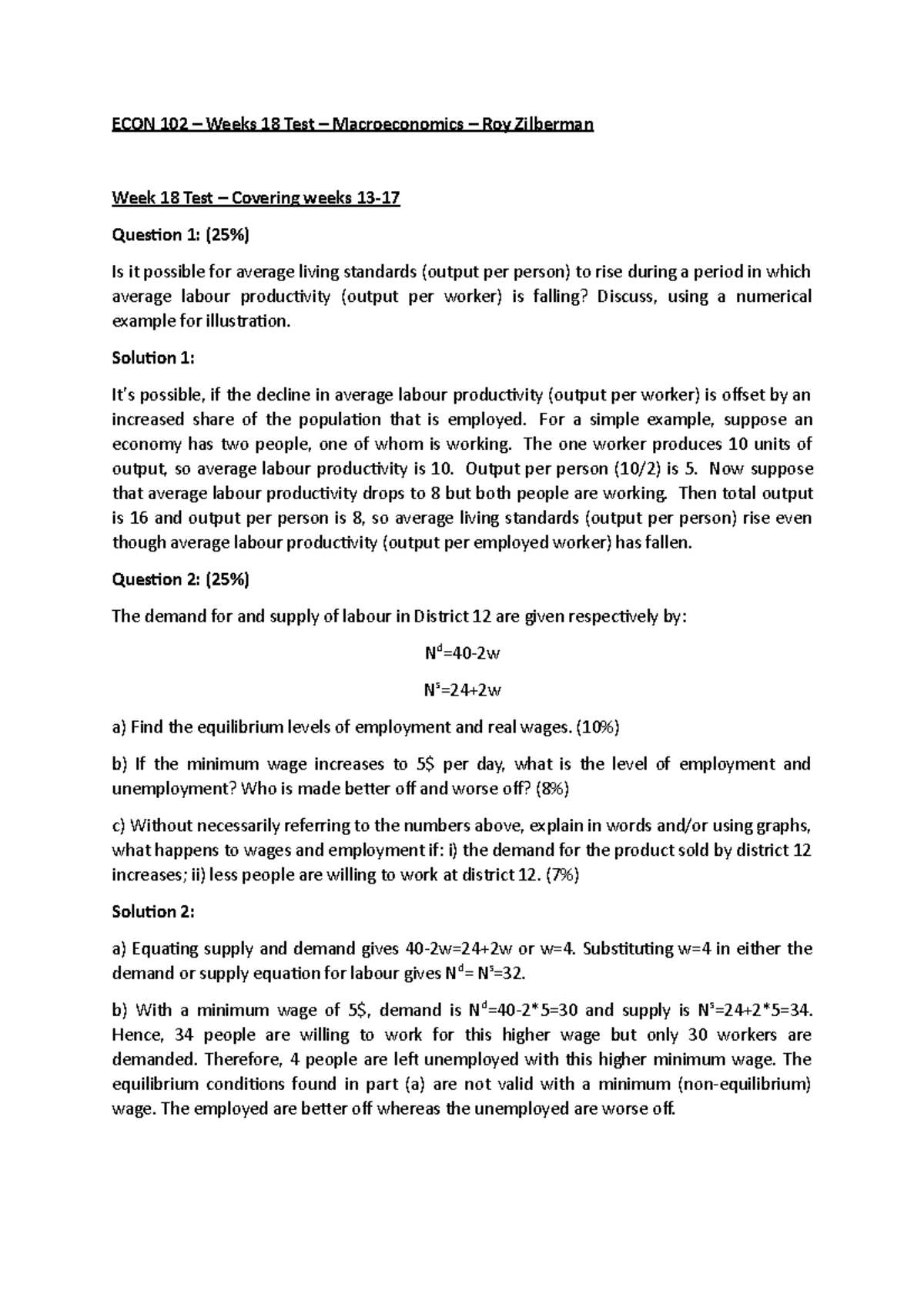 Test 8 March 2018, questions and answers - ECON 102 – Weeks 18 Test ...