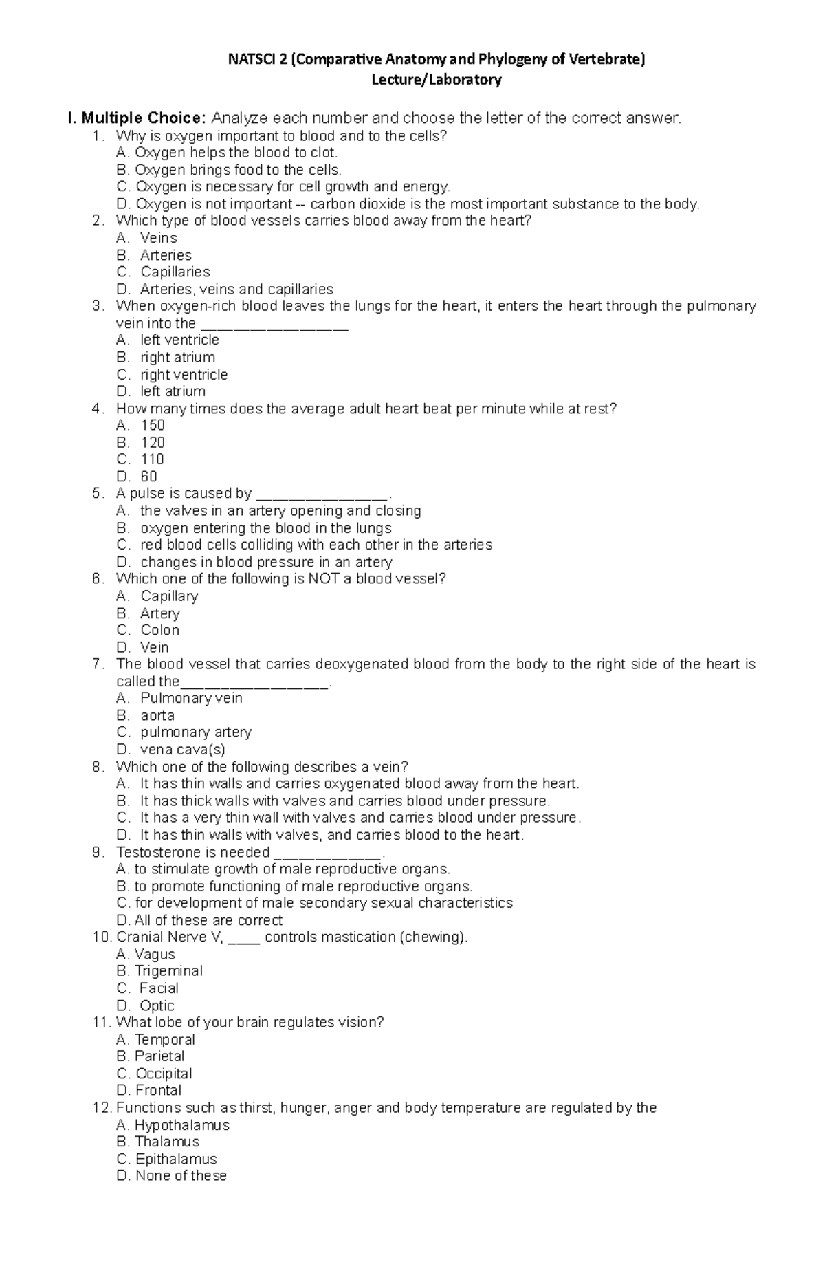 Nat Sci 2 Exam with Answer Key - NATSCI 2 (Comparative Anatomy and ...