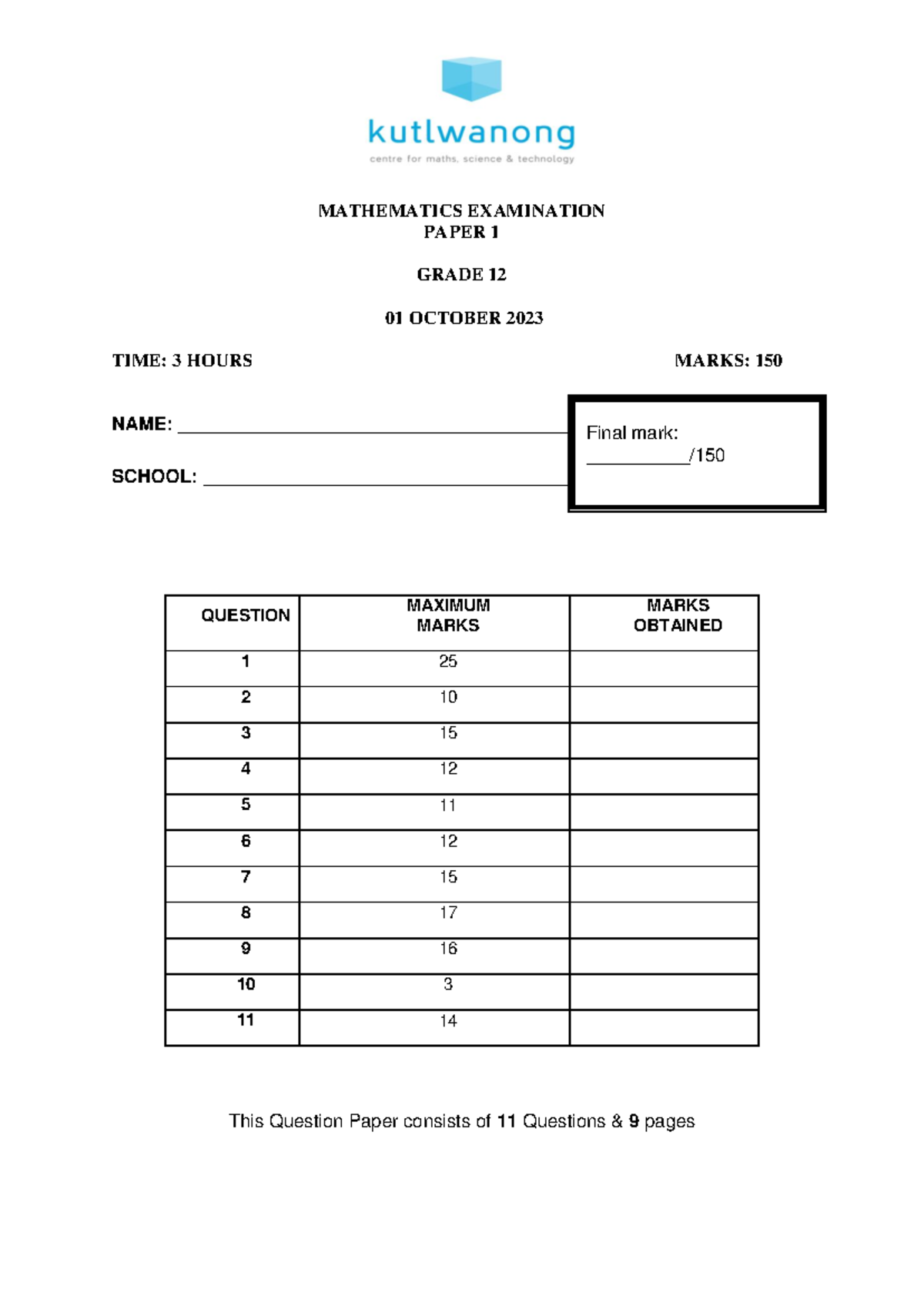 Grade 12 Mathematics Paper 1 (01 0CT 2023) - MATHEMATICS EXAMINATION ...