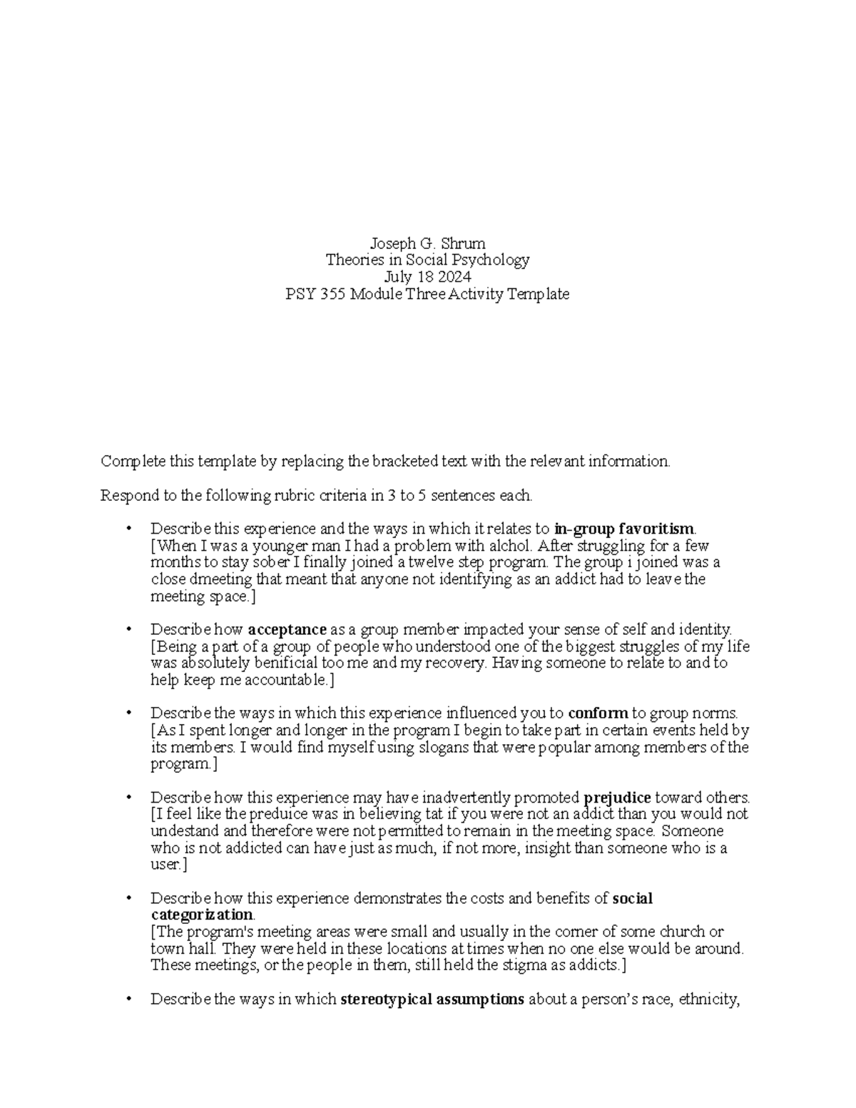 PSY 355 Module Three Activity Template - Joseph G. Shrum Theories in ...