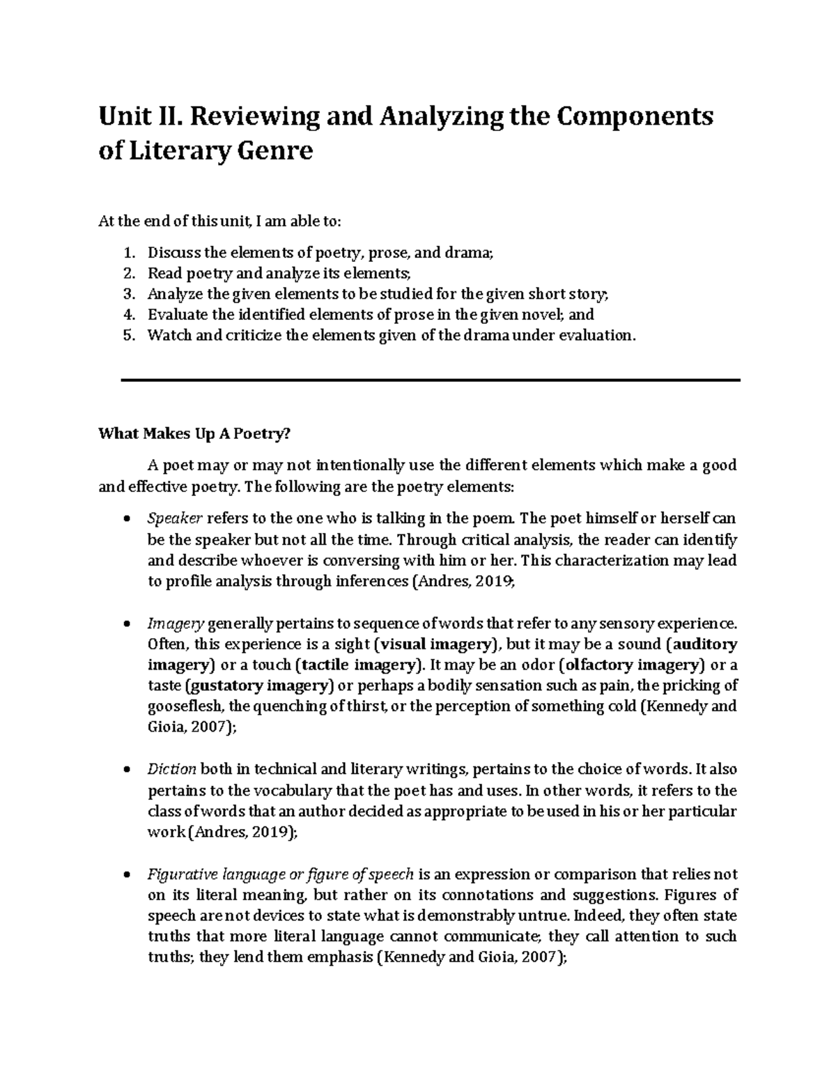 Components of Literary Genre - Unit II. Reviewing and Analyzing the ...