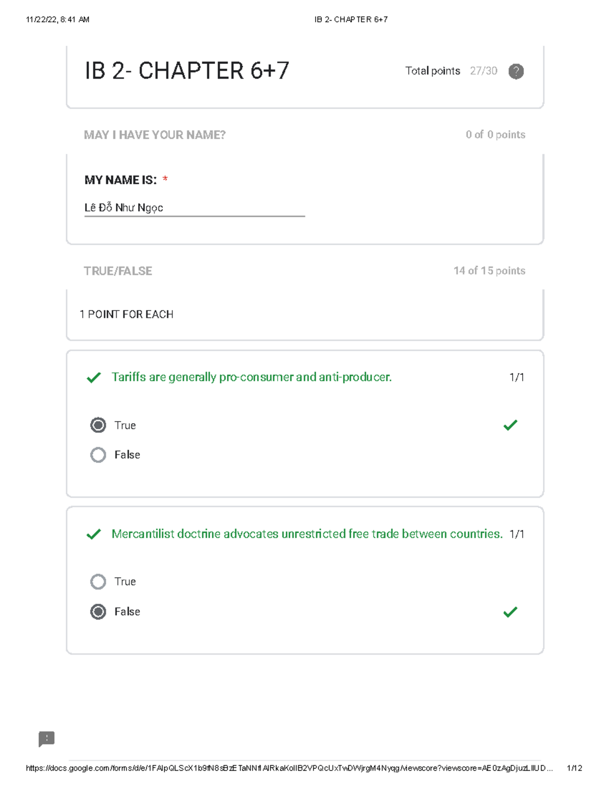 IB 2 Chapter 67 - MAY I HAVE YOUR NAME? 0 of 0 points Lê Đỗ Như Ngọc TRUE/FALSE 14 of 15 points ...
