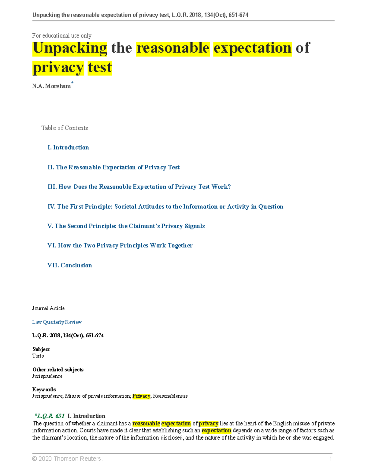 Unpacking the reasonable expectation of privacy test - Moreham* Table ...