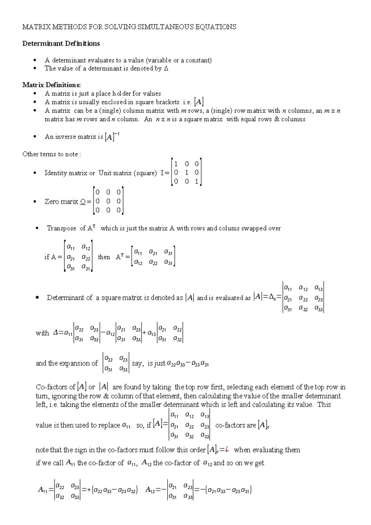 Matrix Methods FOR Solving Simultaneous Equations - MATRIX METHODS FOR ...