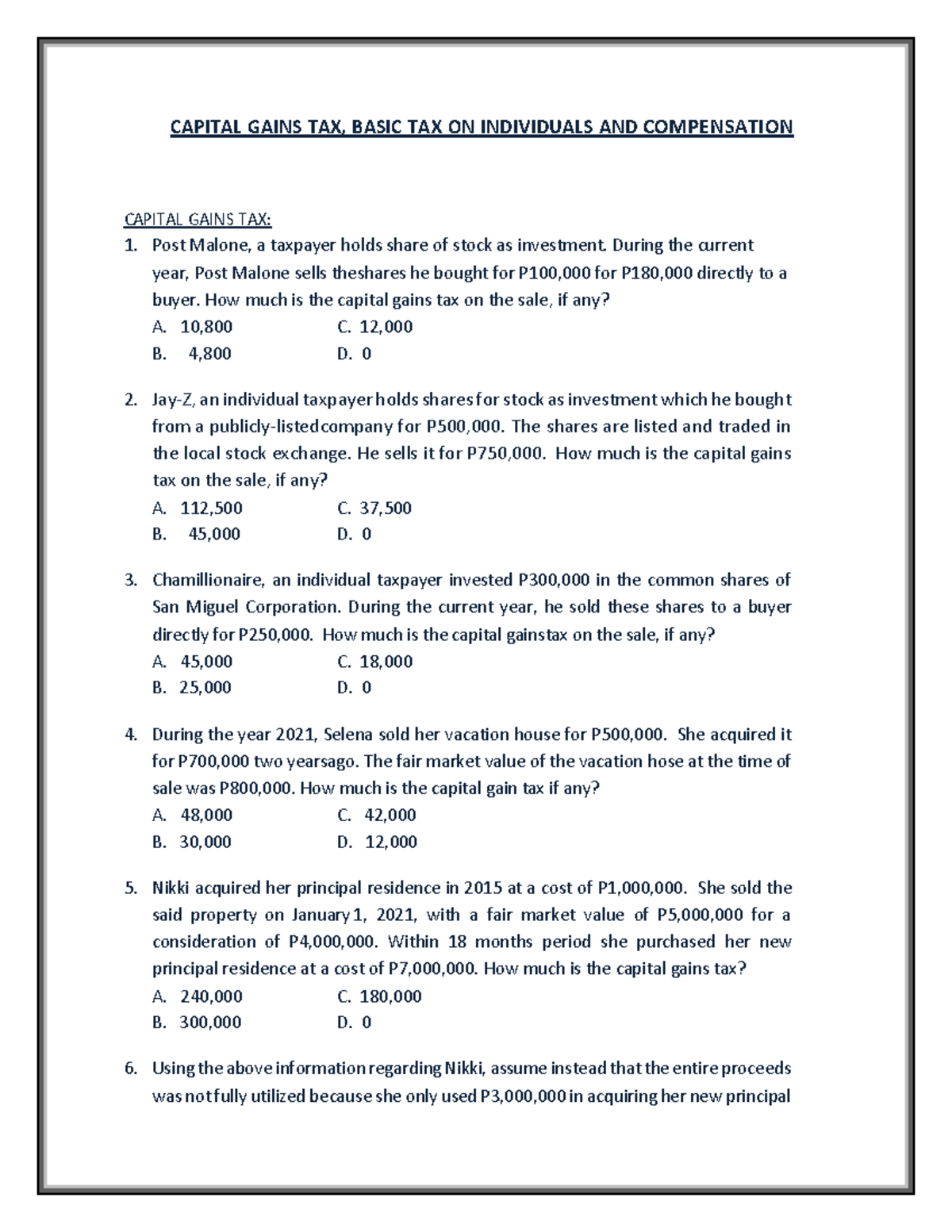 Capital Gains TAX, Basic TAX ON Individuals AND Compensation - CAPITAL ...