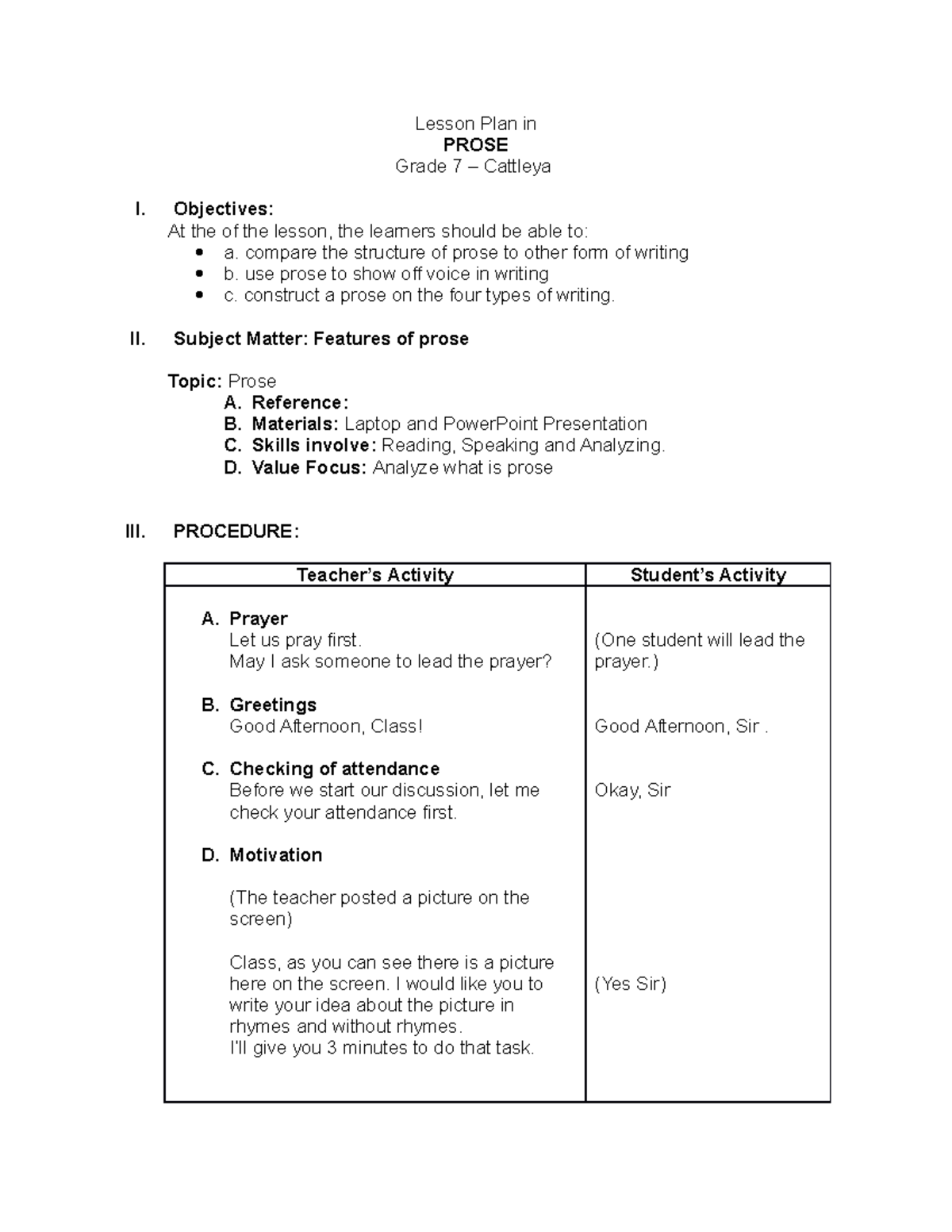 Lesson plan detailed russel - Lesson Plan in PROSE Grade 7 – Cattleya I ...