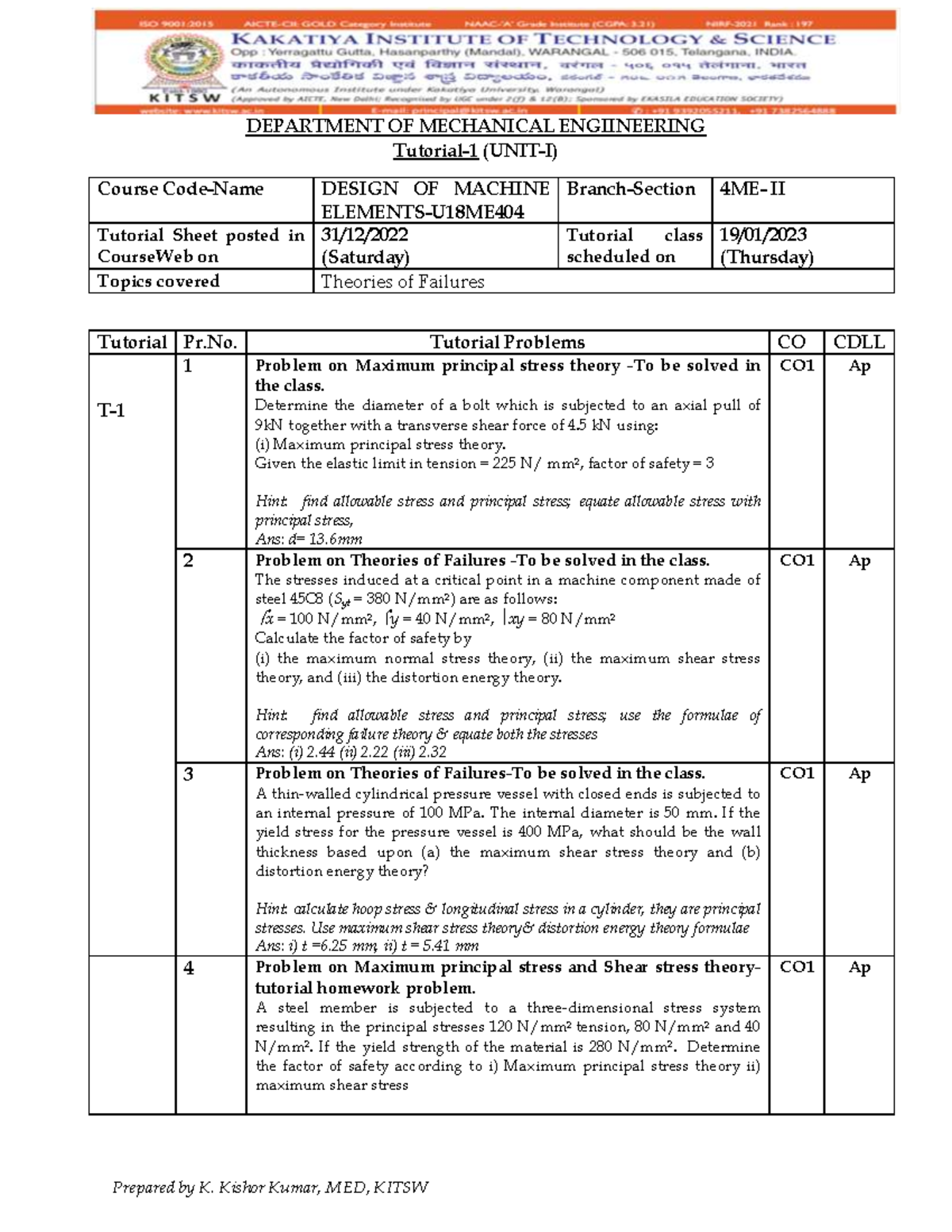 Tutorial-2 - Important questions in DESIGN OF MACHINE - Prepared by K ...