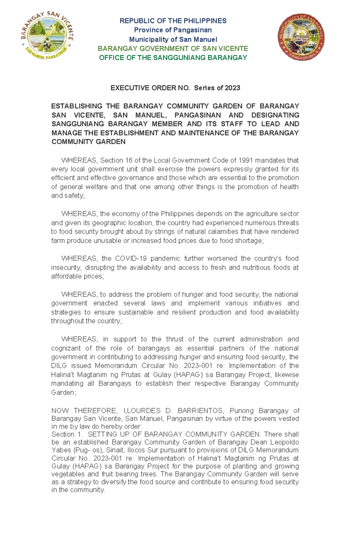 EO SBM hapag - SAMPLE - EXECUTIVE ORDER NO. Series of 202 3 ...