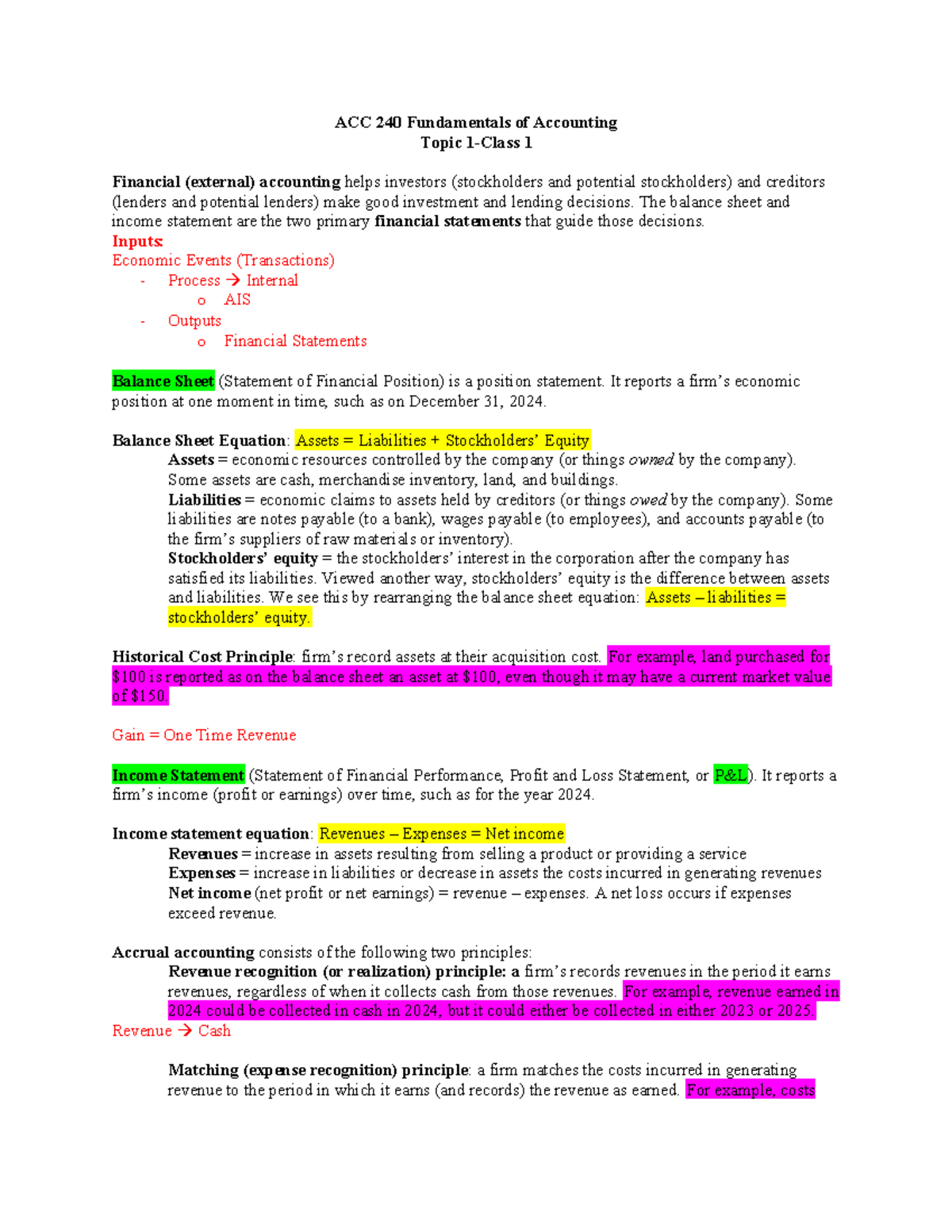 ACC-240 Topic 1 Class 1 - ACC 240 Fundamentals of Accounting Topic 1 ...