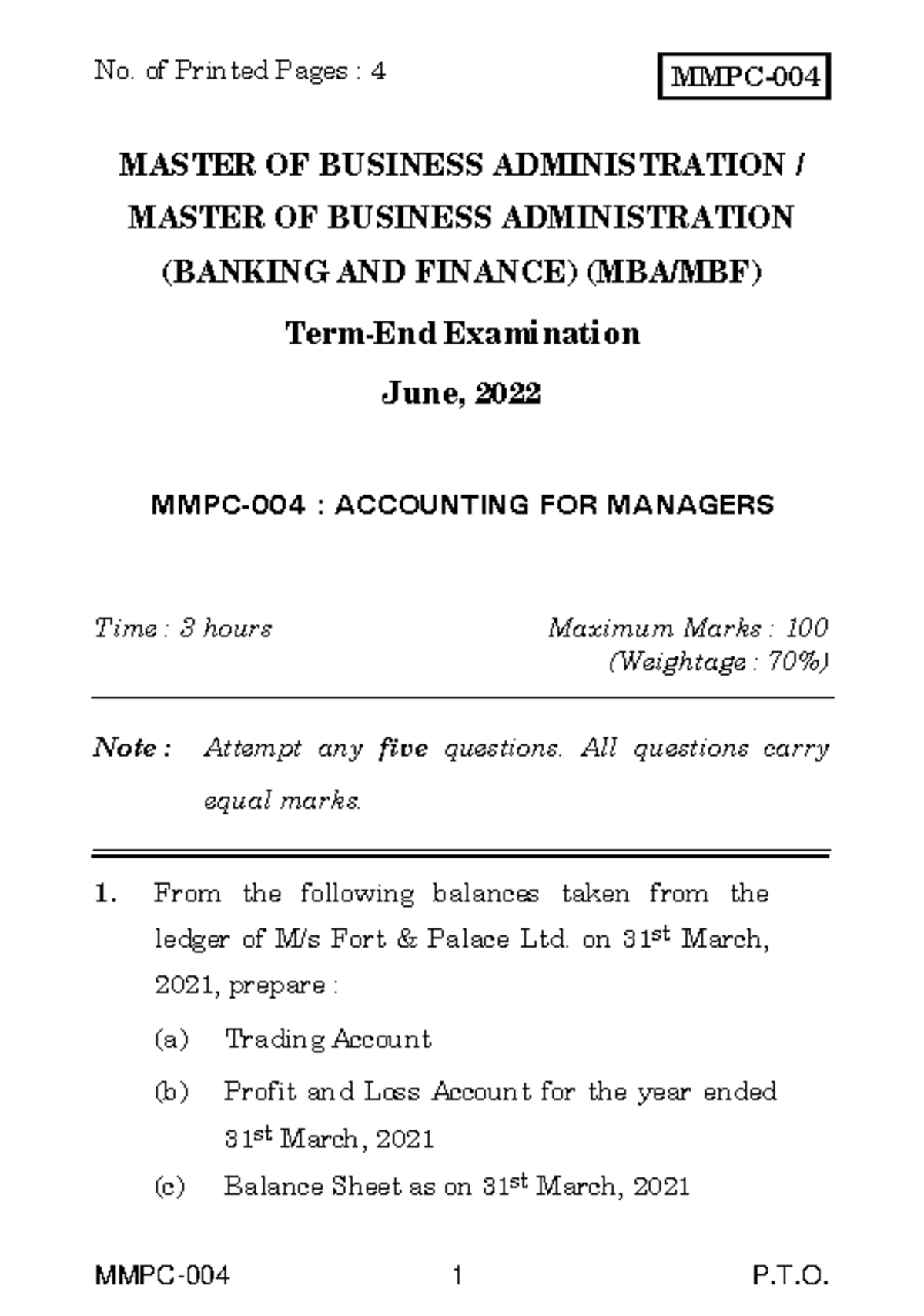 MMPC-4 - Previous year question paper - MMPC-004 1 P.T. MMPC- MASTER OF ...