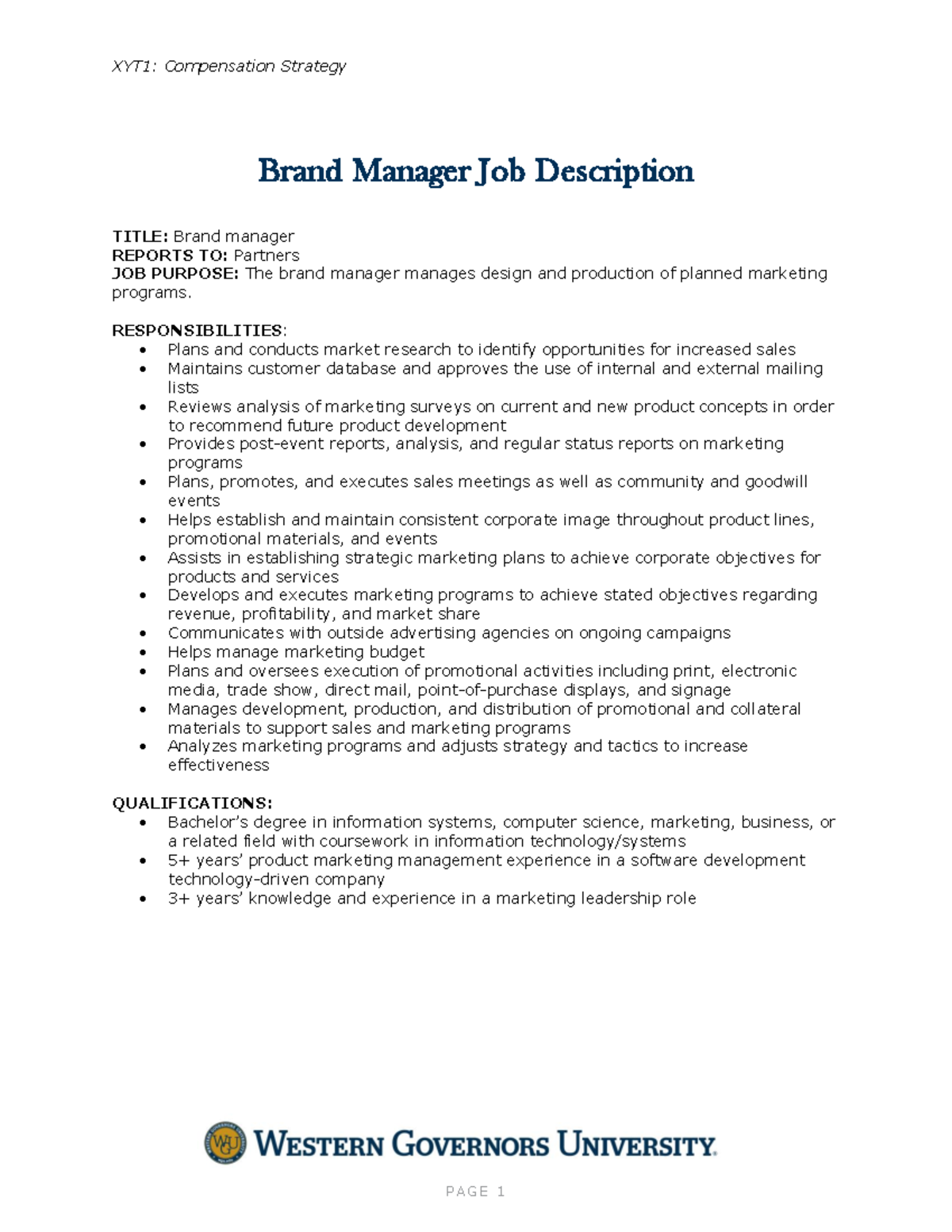 Brand Manager Job Description - BUS 4400 - WGU - Studocu