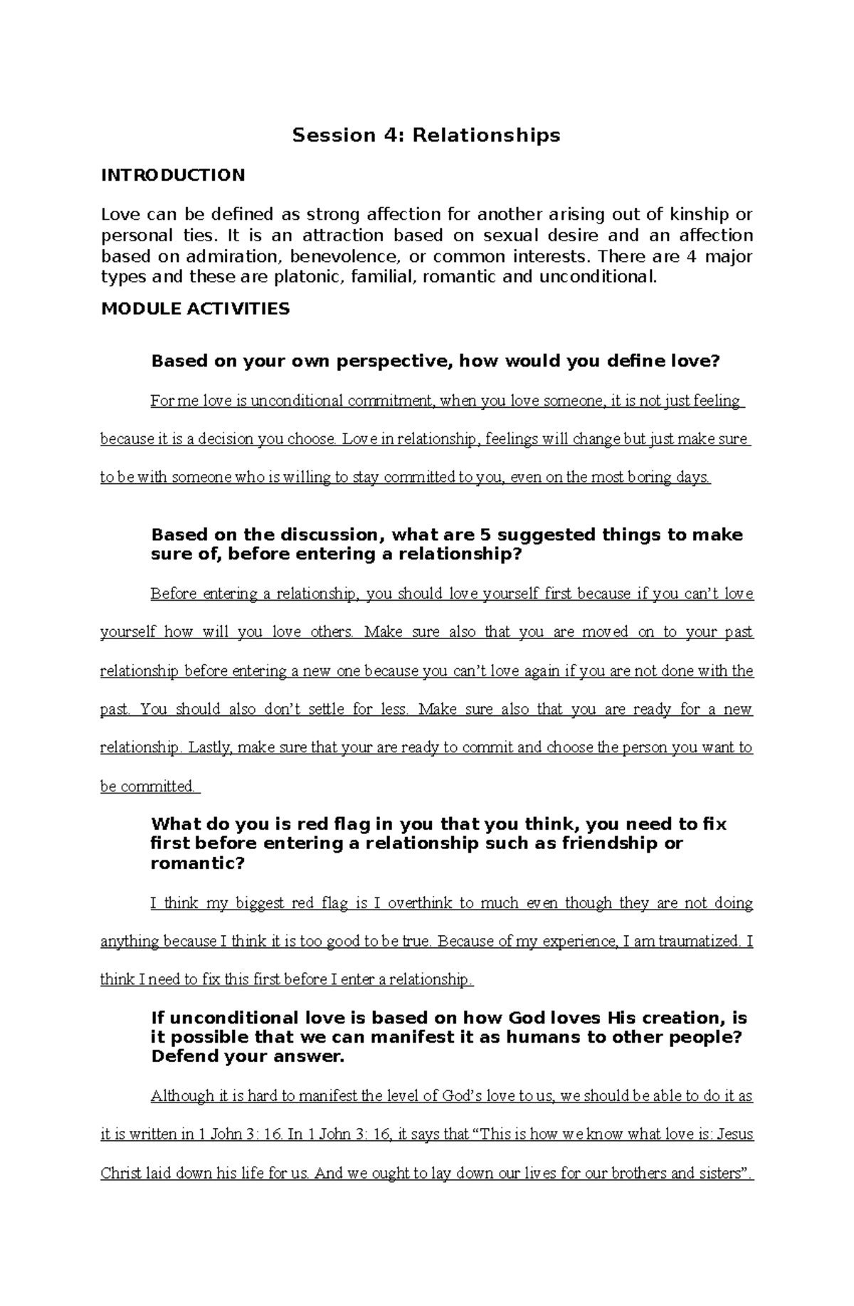 Session 4 - Relationships - Session 4: Relationships INTRODUCTION Love ...