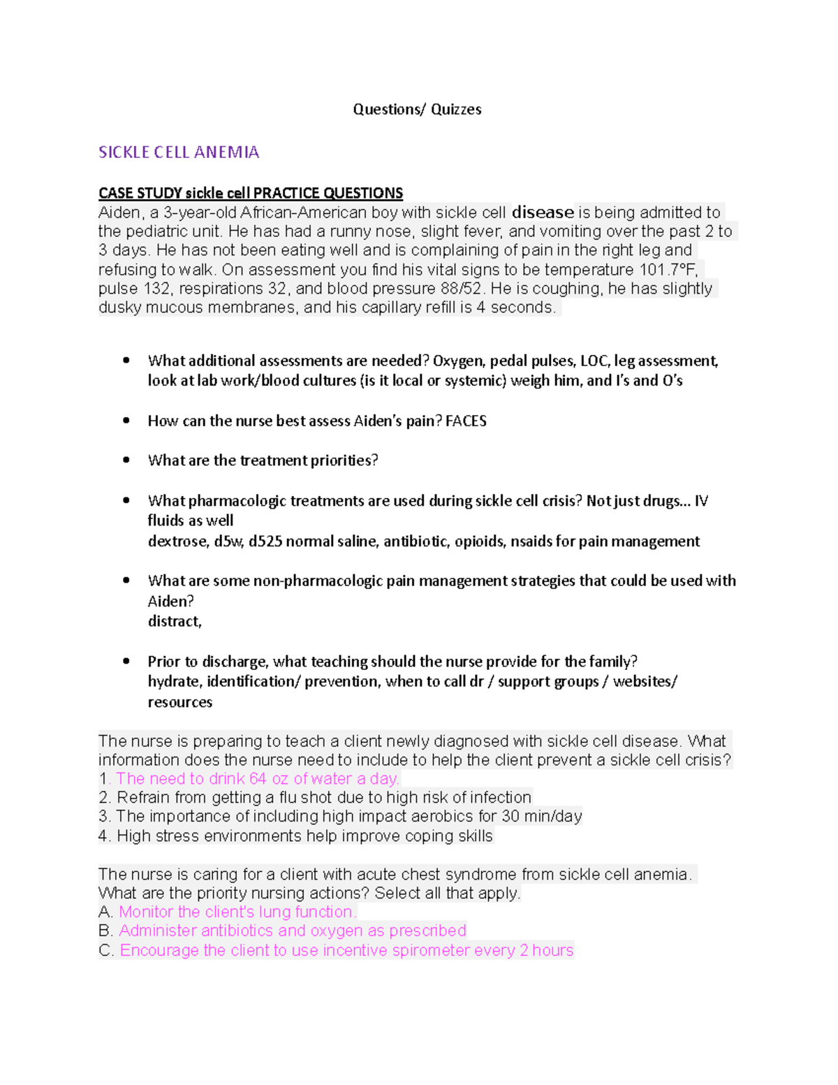 Exam 1 case studies - notes i took in class - Questions/ Quizzes SICKLE ...