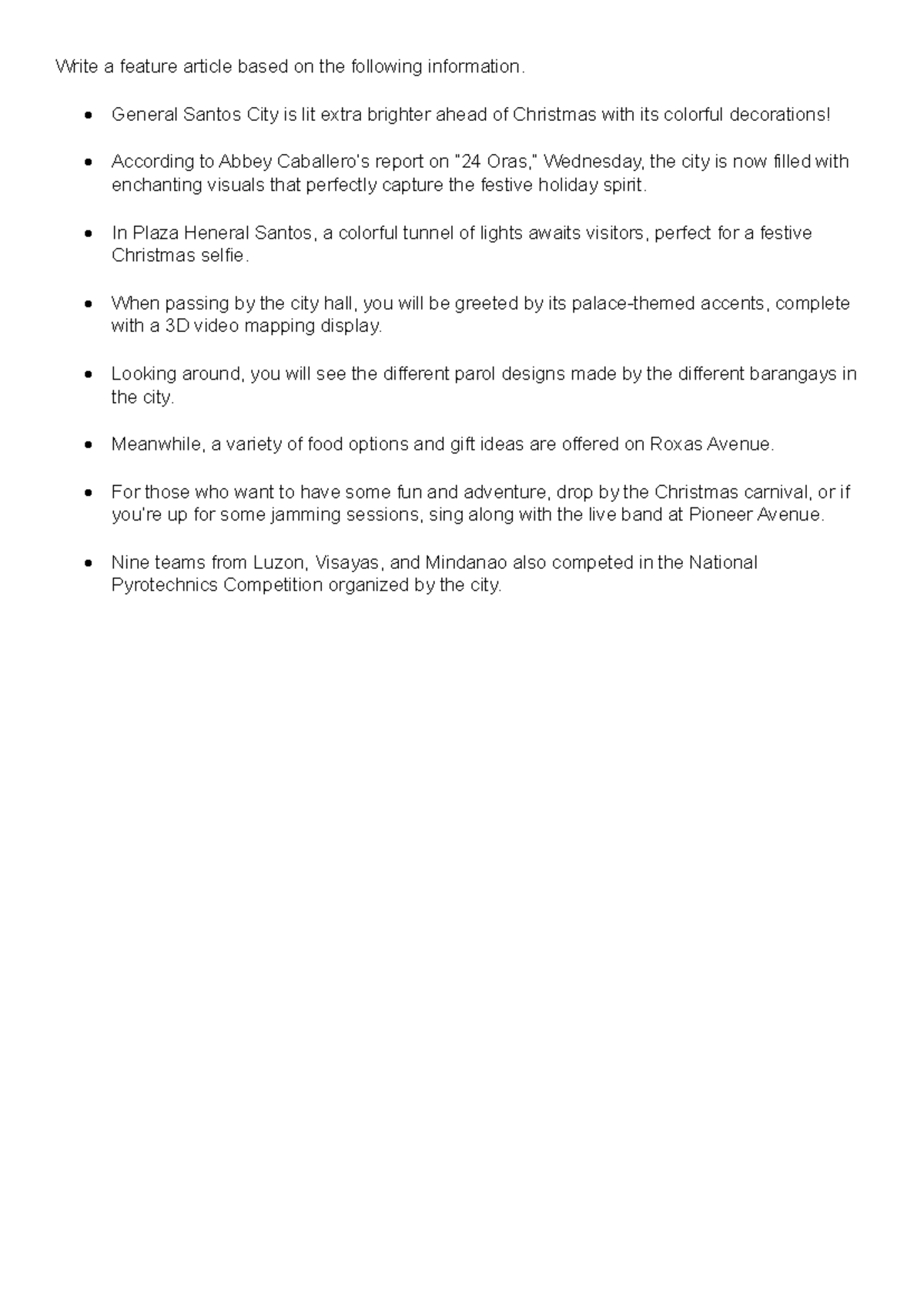 Feature Writing 1 - Practice materials - Write a feature article based ...